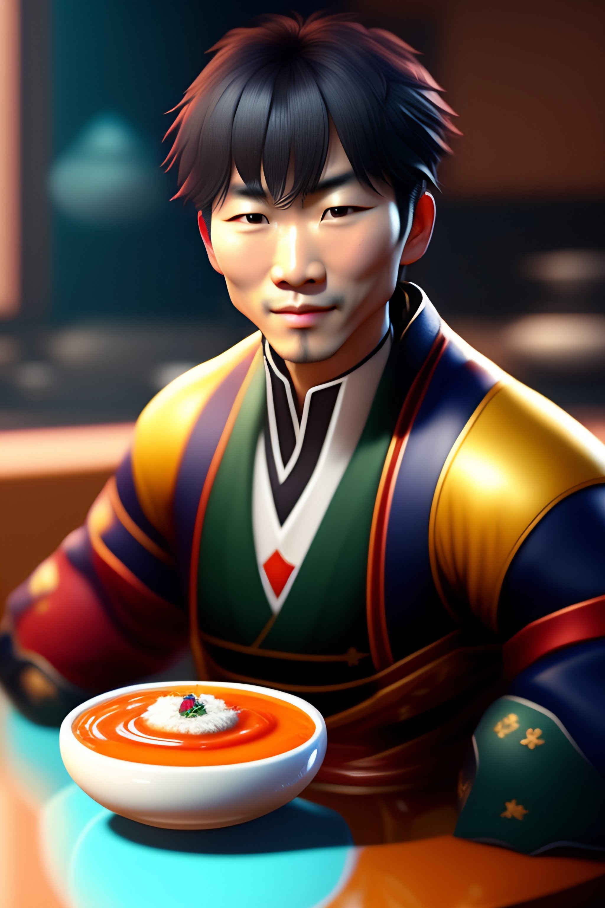 Lexica - Xiao from Genshin Impact eating a puddin in realistic style