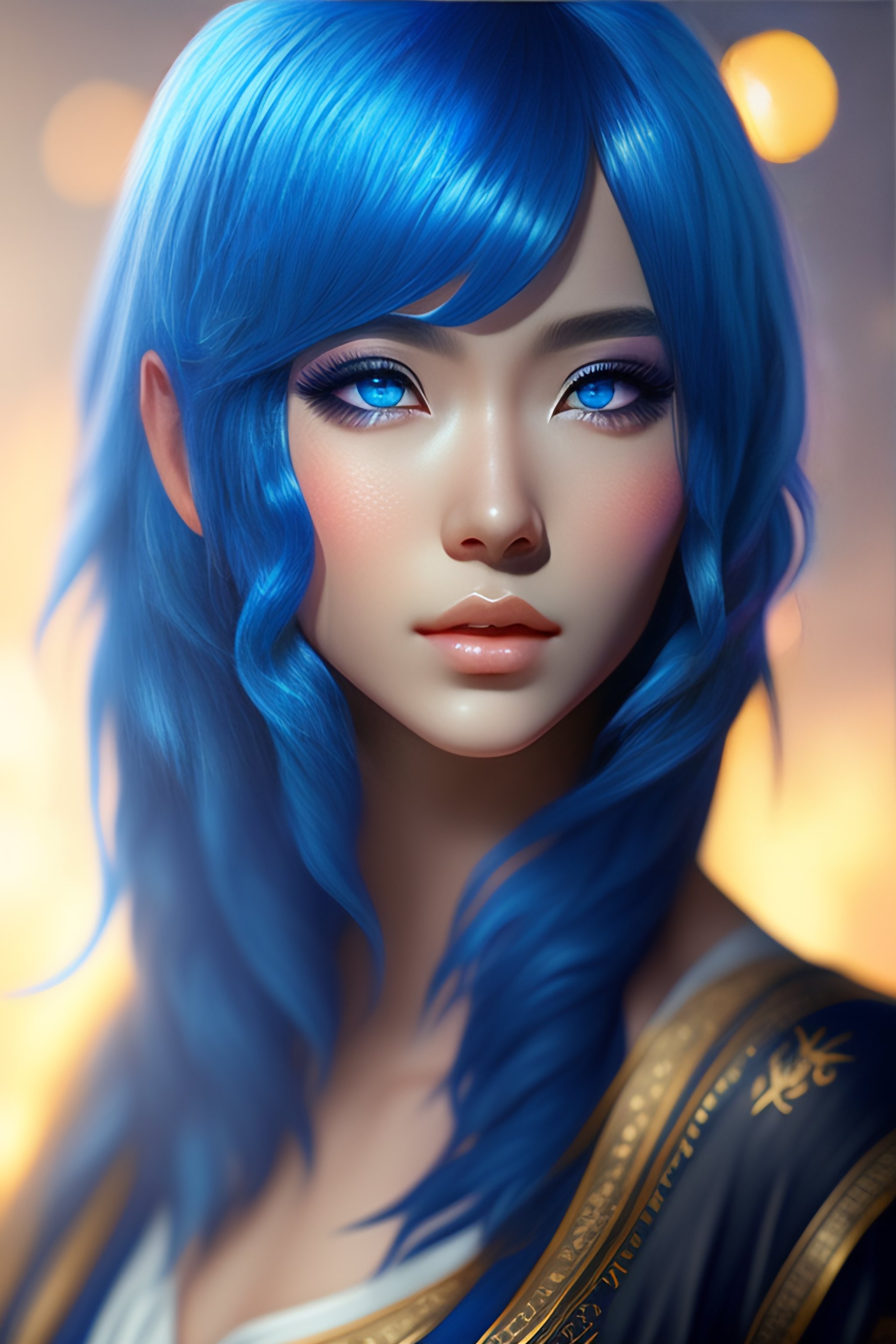 Lexica - Portrait of an anime character hyper realistic blue hair gold eyes