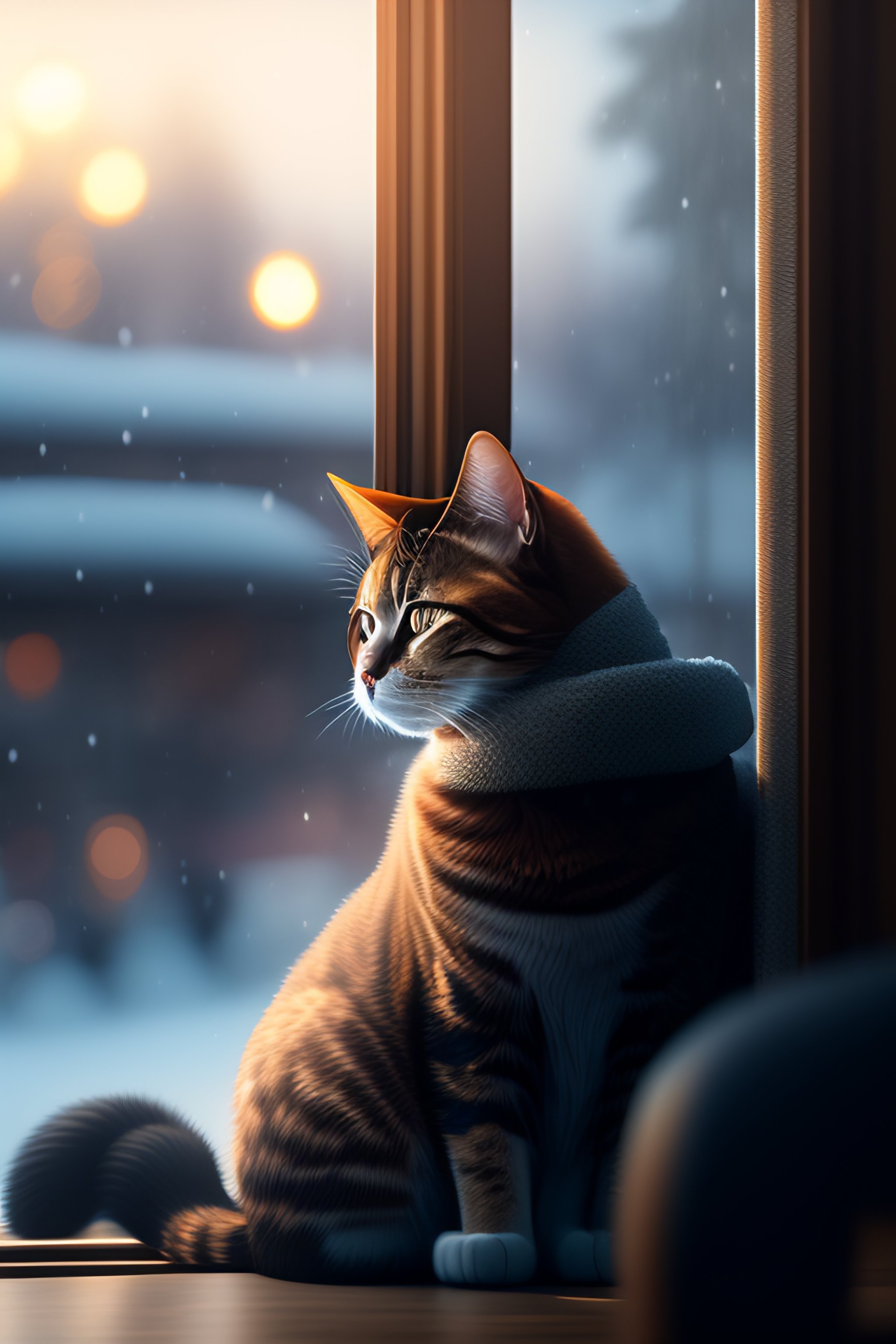 Lexica - A cat sitting in a cafe looking out of the window with snow ...