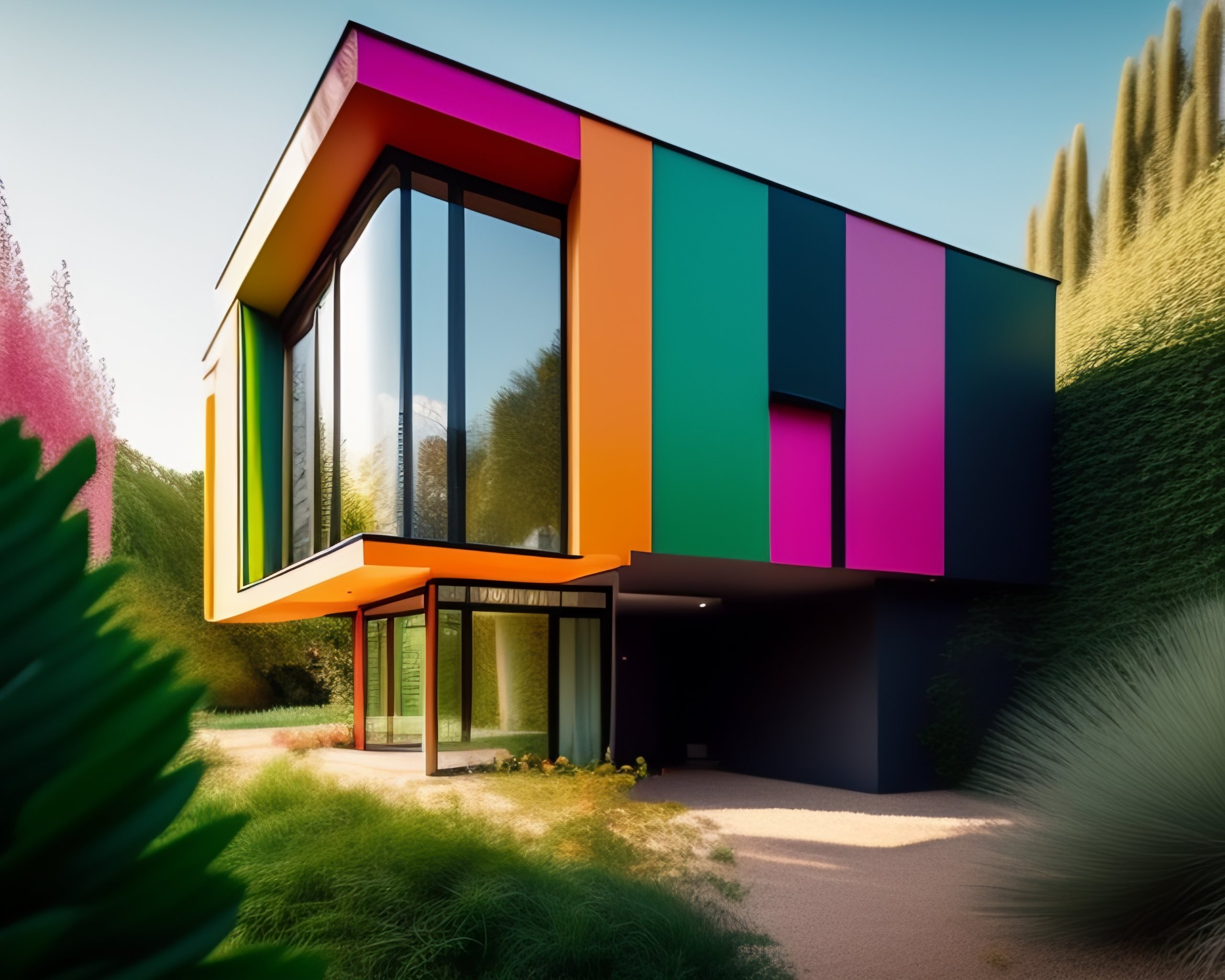 Lexica - Multicolor house with a big patio with vegetation, in Paris