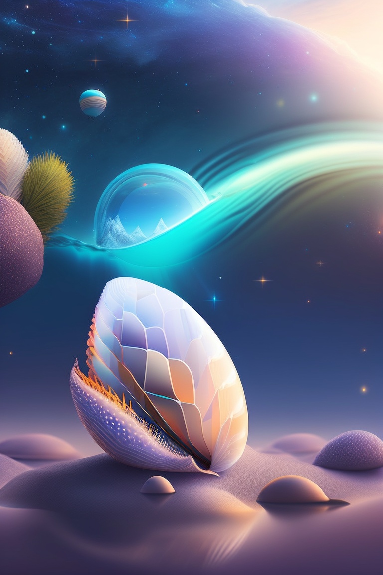 Lexica - A magical seashell, a girl is trying to listen to it, sound of ...