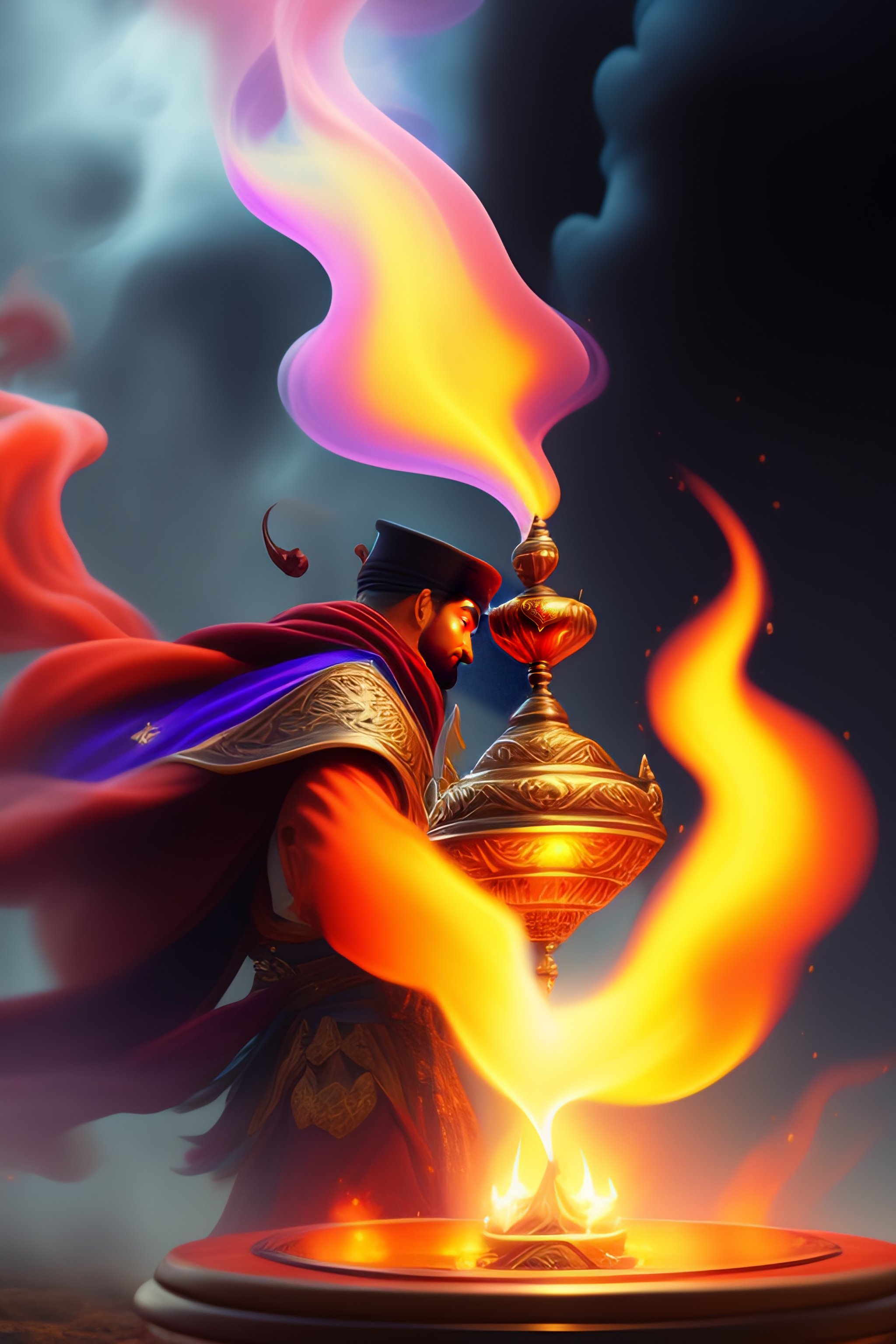 Lexica - A magic lamp from which a genie emerges, powerful genie in a ...