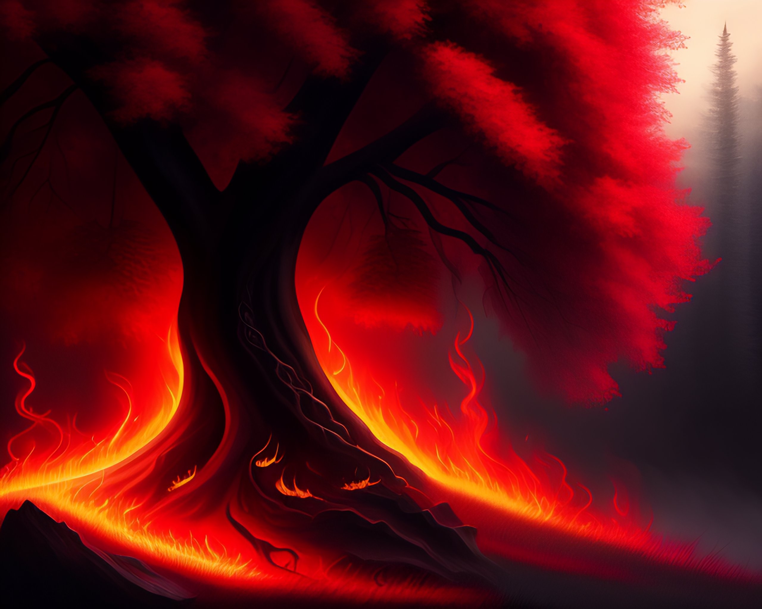 Lexica - Black flames charring the red tree, art station award winning ...