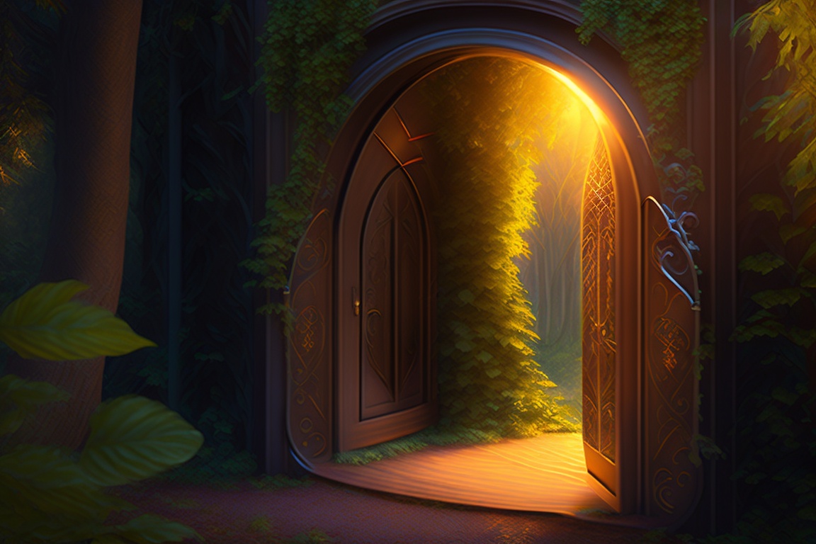 Lexica - A mysterious, glowing doorway stands alone amidst towering ...