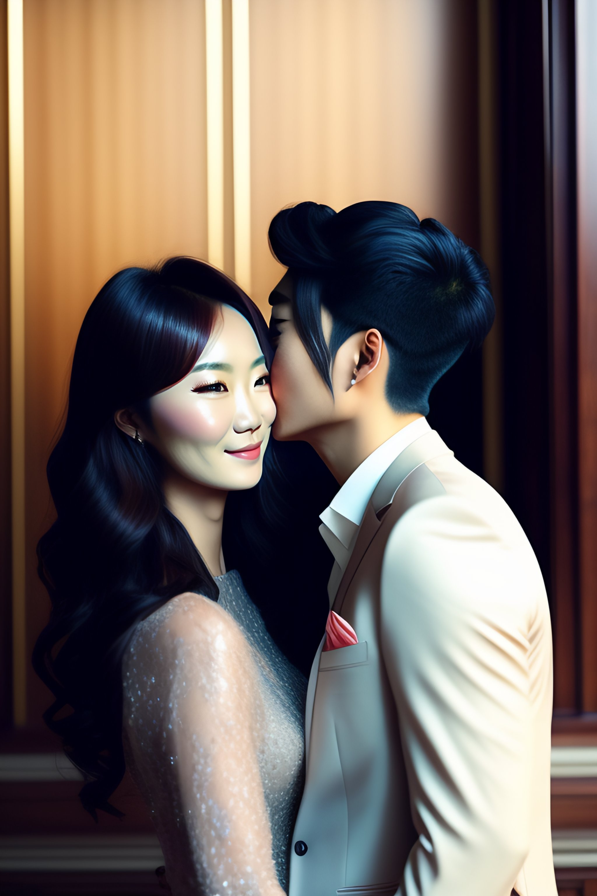 Lexica - Two beautiful Korean women kissing, full-length photo