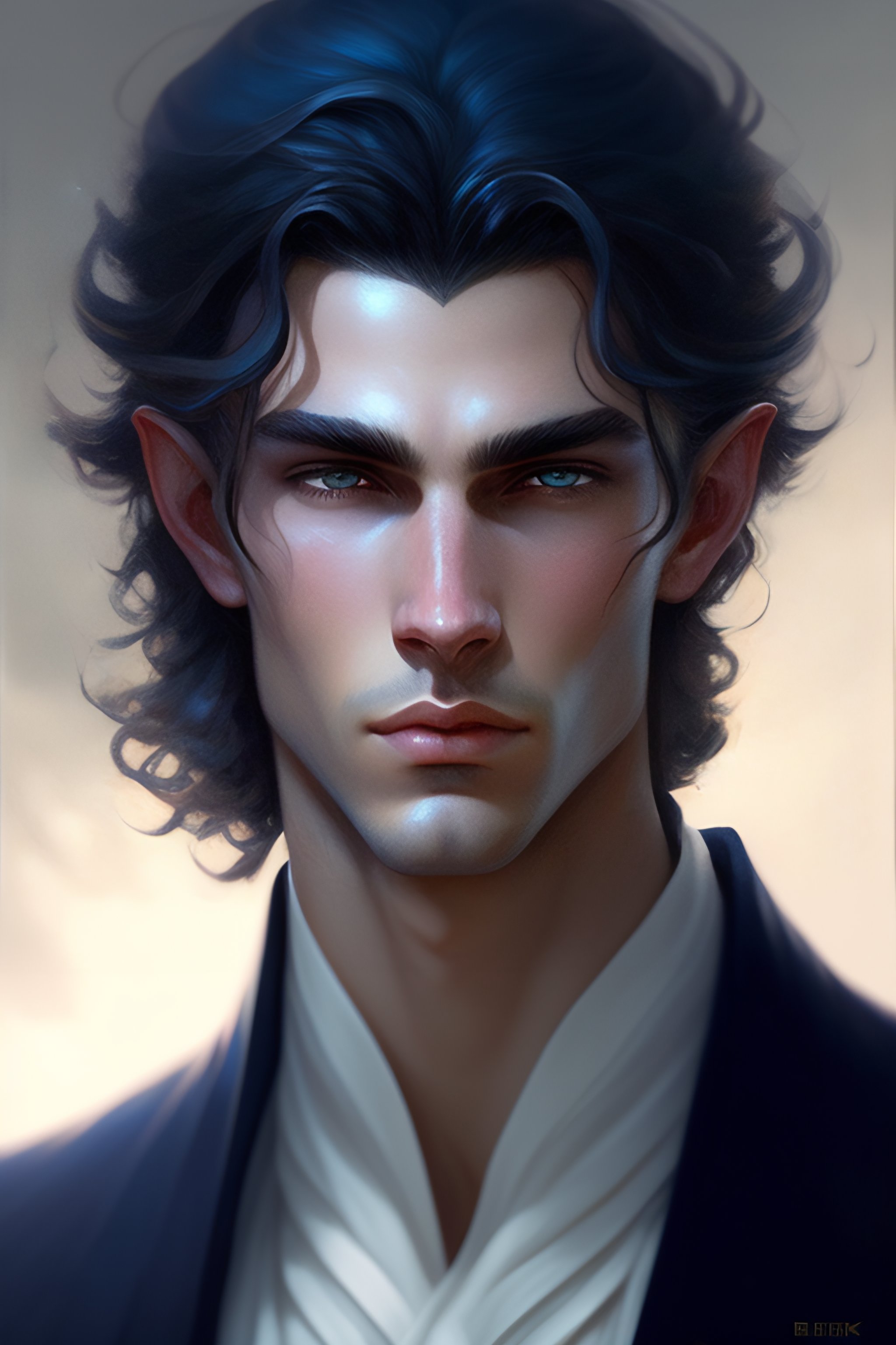 Lexica - Boy face portrait of a slender half elven man with long curly ...