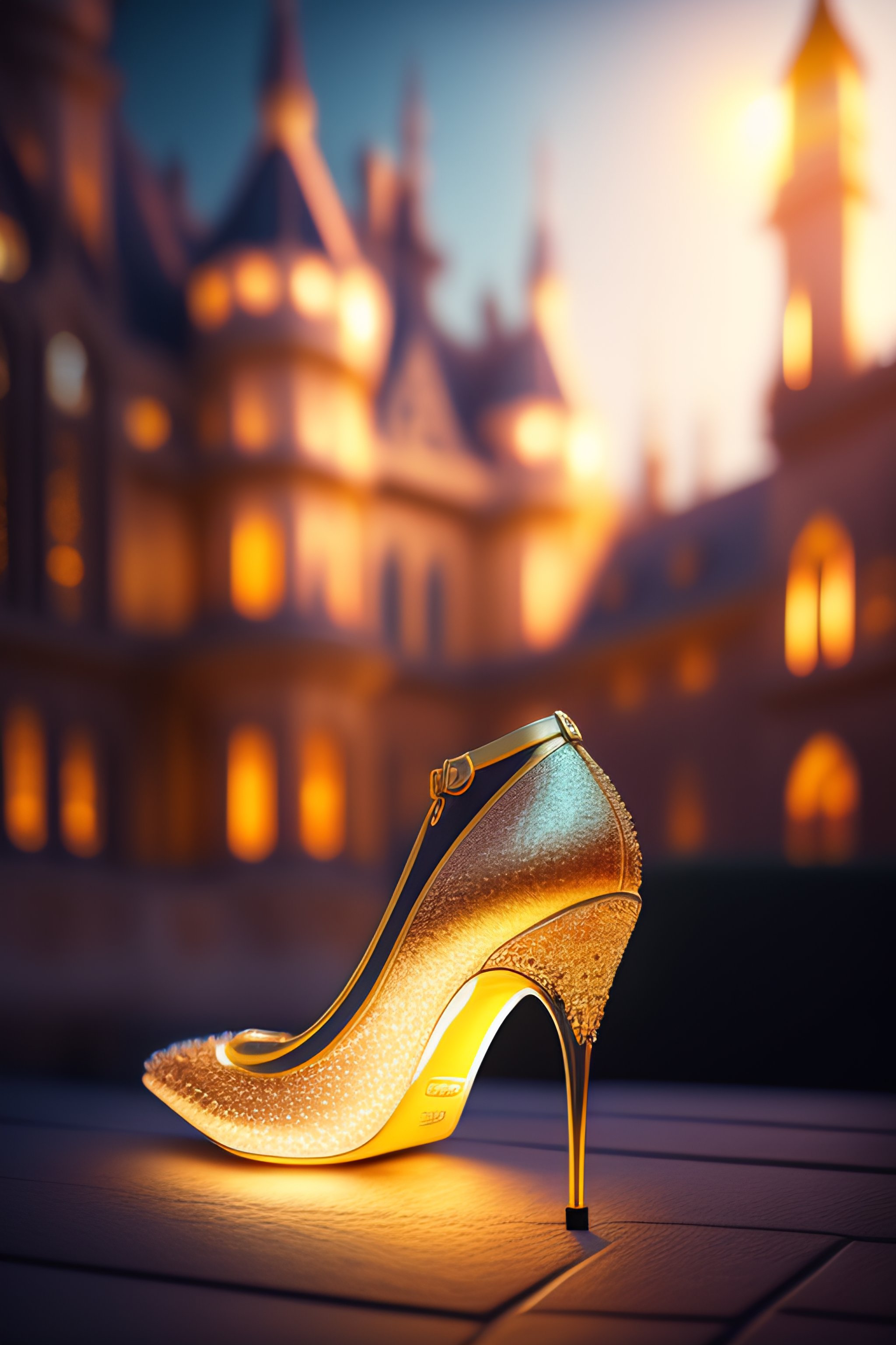 Lexica - Shiny clear intricate high heel shoe in front of a castle, 8k ...