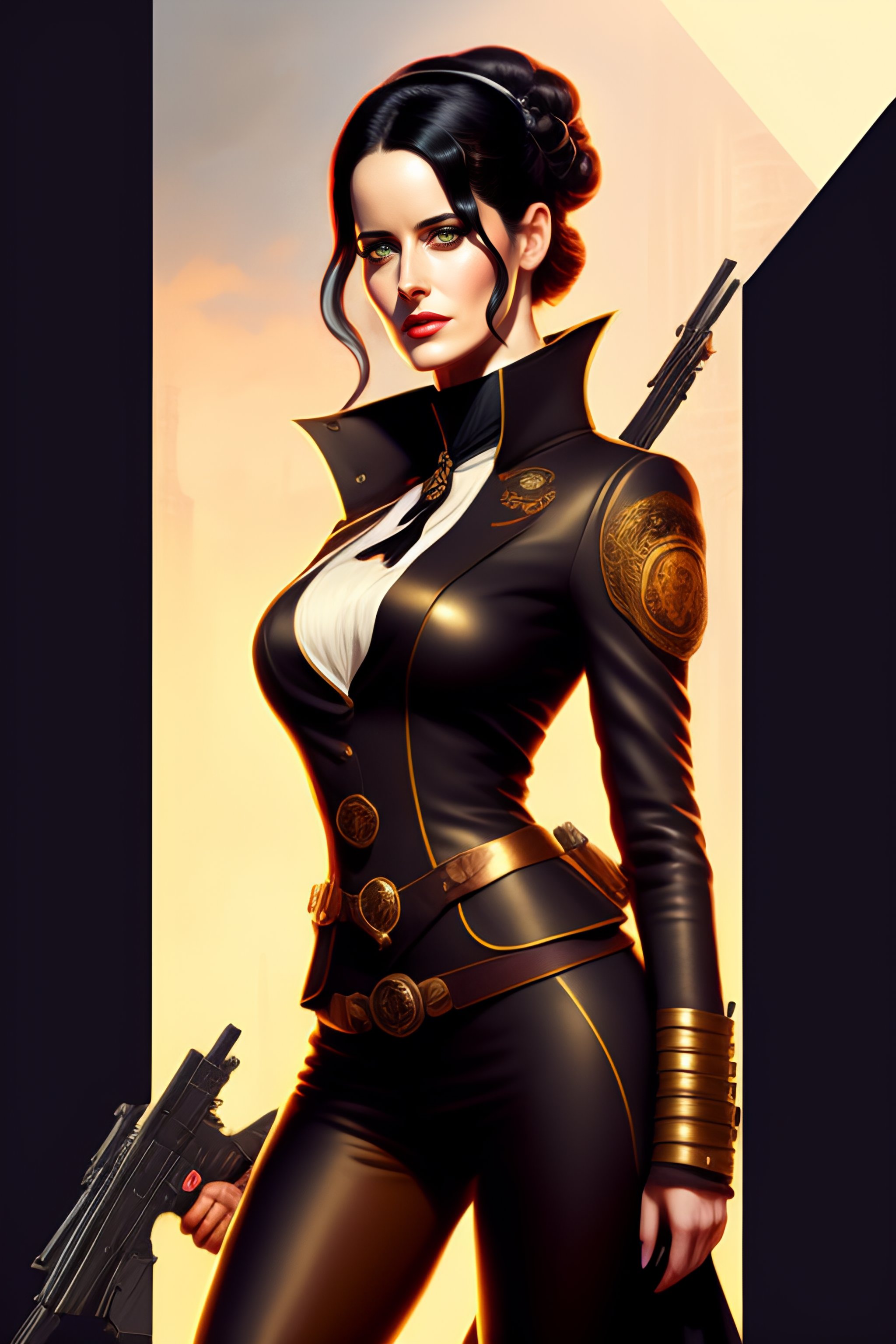 Lexica - Eva green with steampunk weapons and uniform, holding a gun , serious, side view zoomed ...