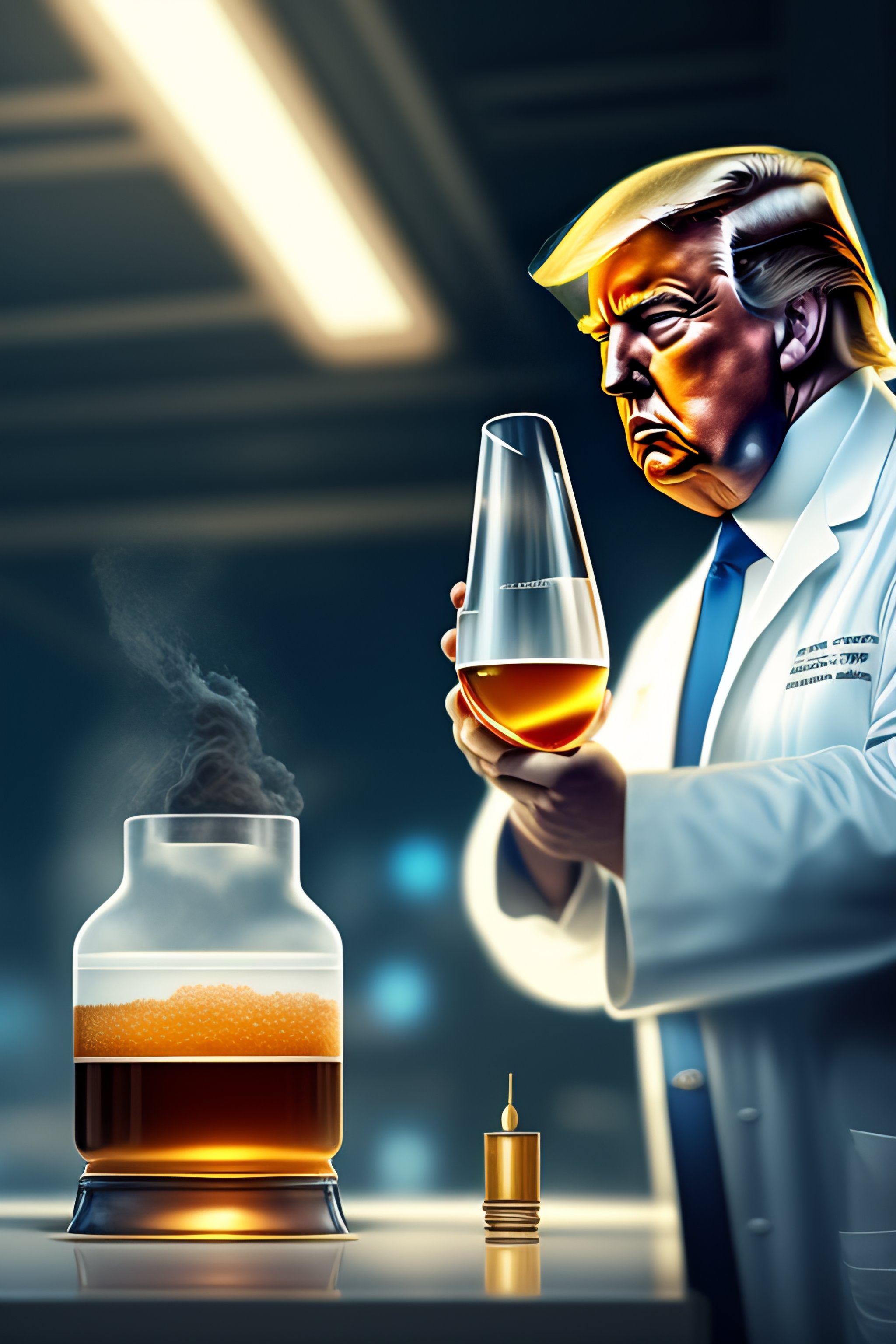 Lexica - Donald Trump holds a ehrlenmeyer flask at eye level, wearing a ...