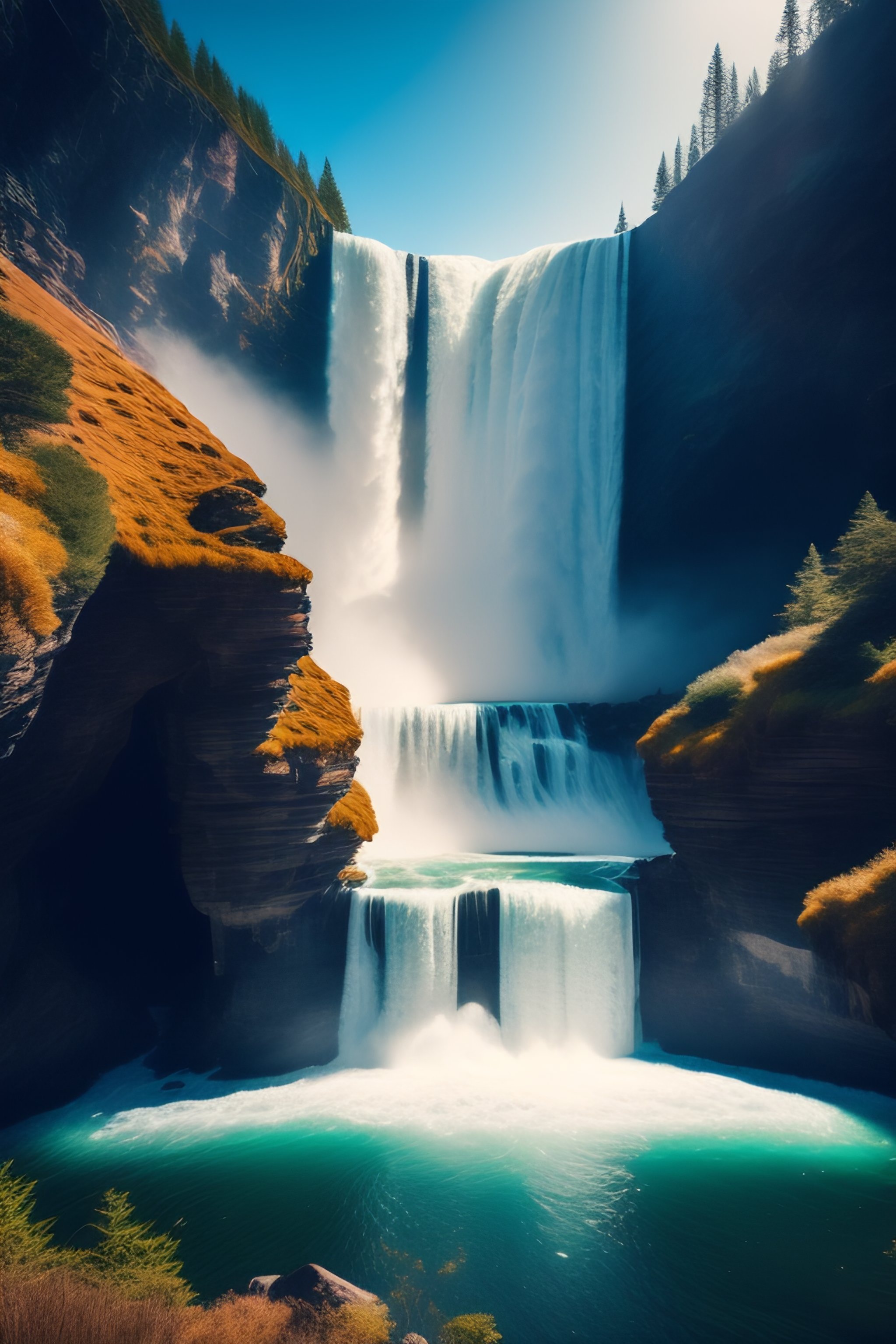 Lexica - A view from a cliff overlooking a waterfall spilling out into ...