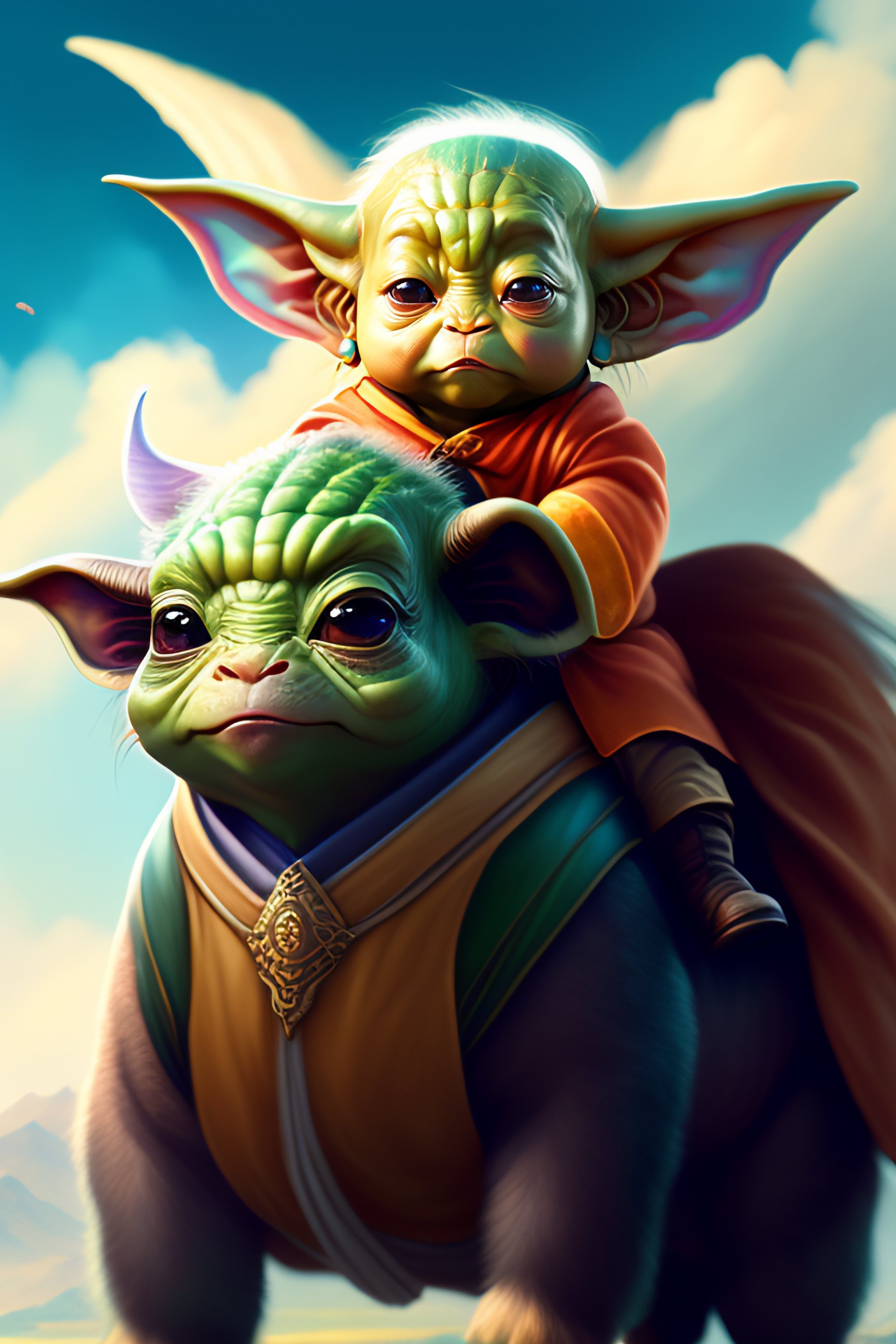 Lexica - Baby yoda looking confused riding on oppa the flying bison ...