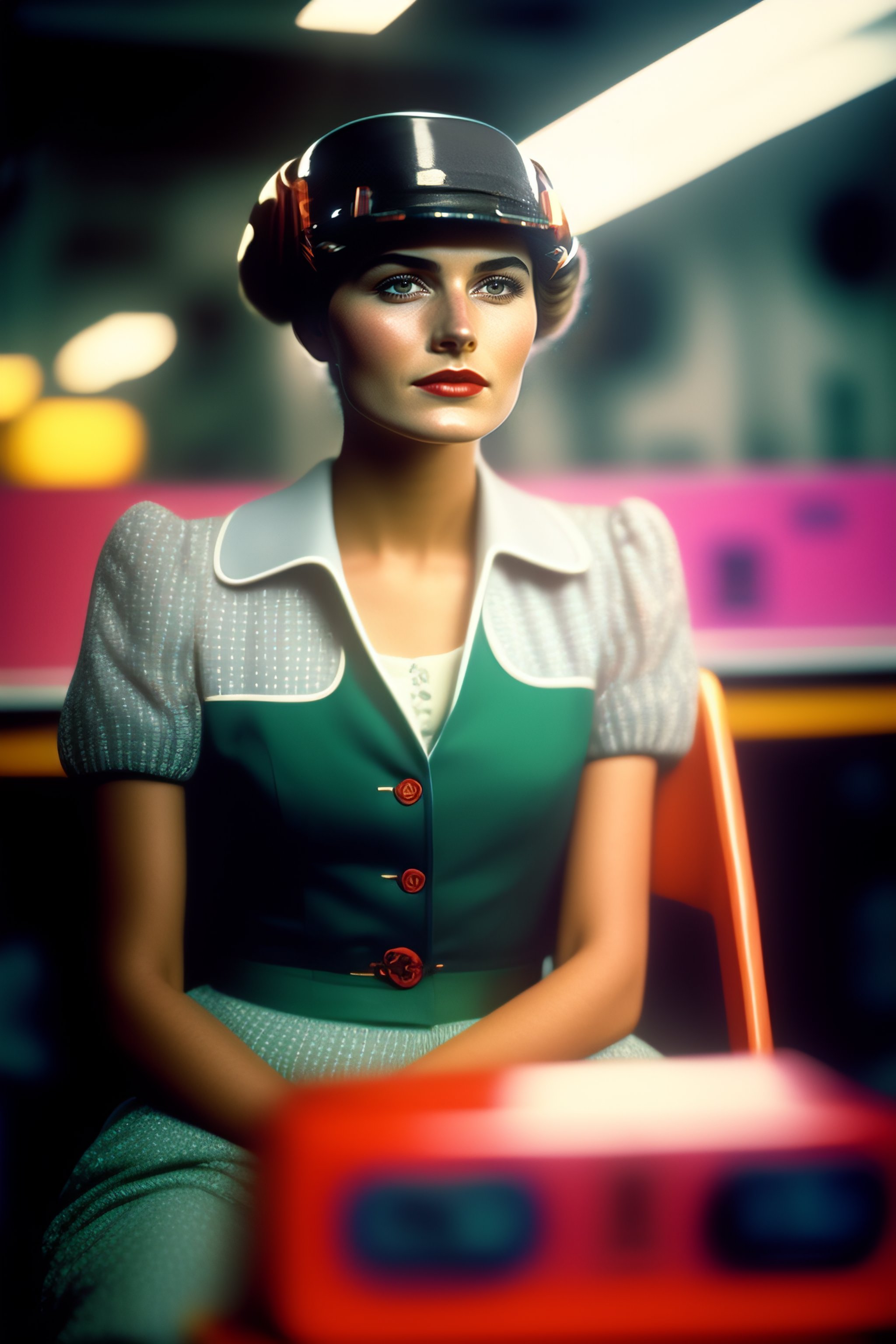Lexica - A Soviet girl sitting in a chair in front of a colorful soviet ...