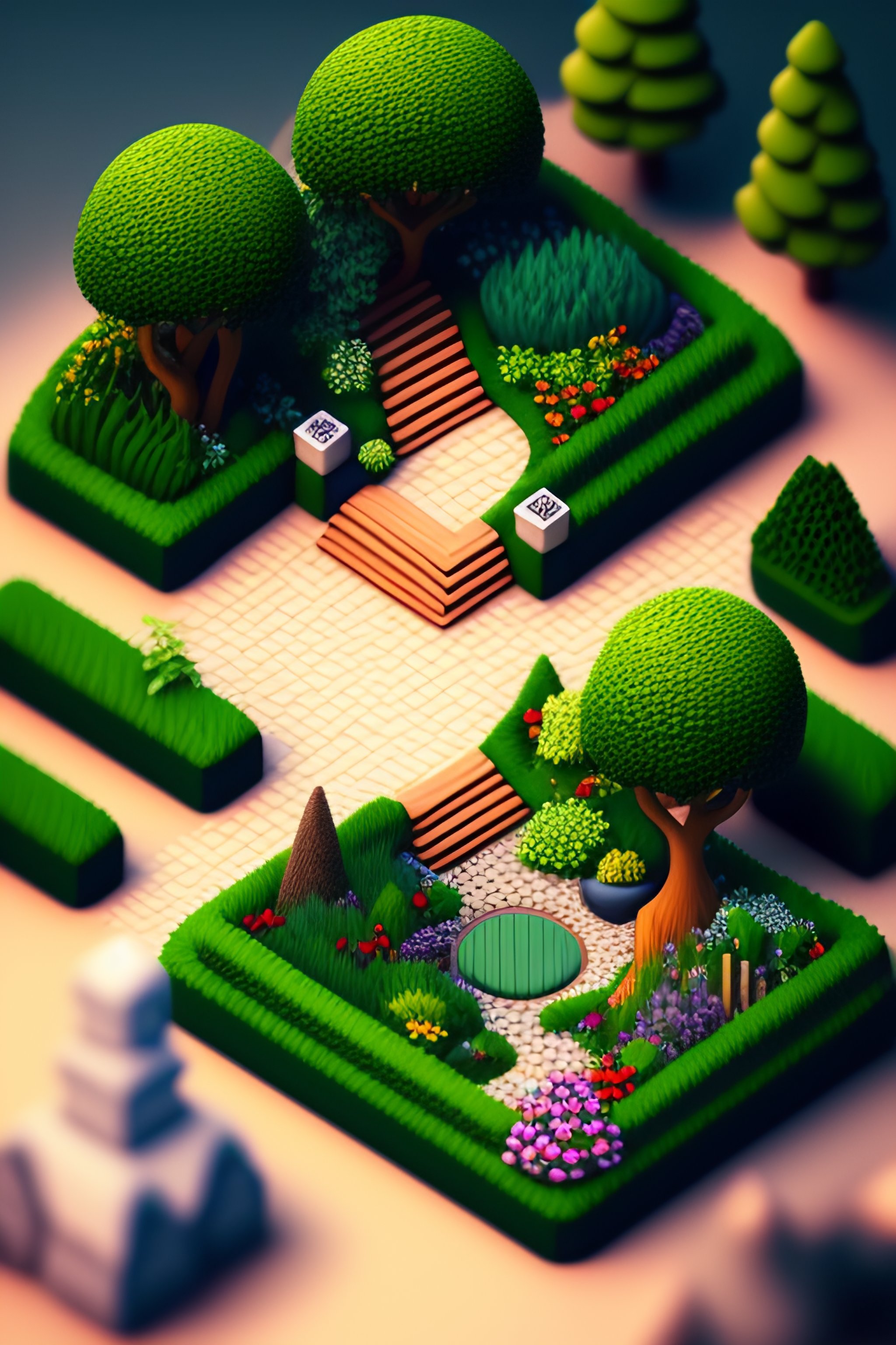 Lexica - Isometric garden with trees highly detailed