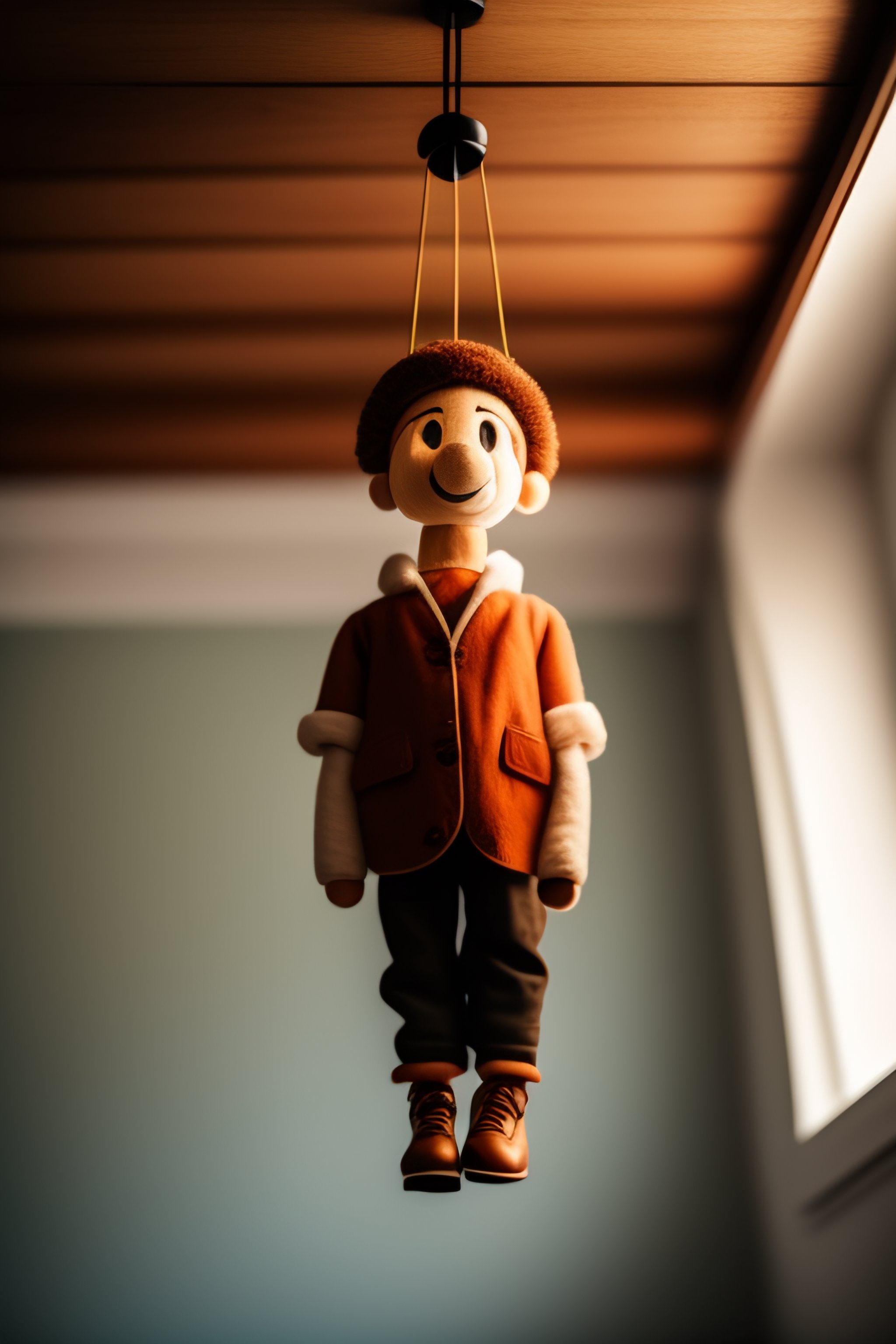 Lexica - A puppet suspended from the ceiling made of wood