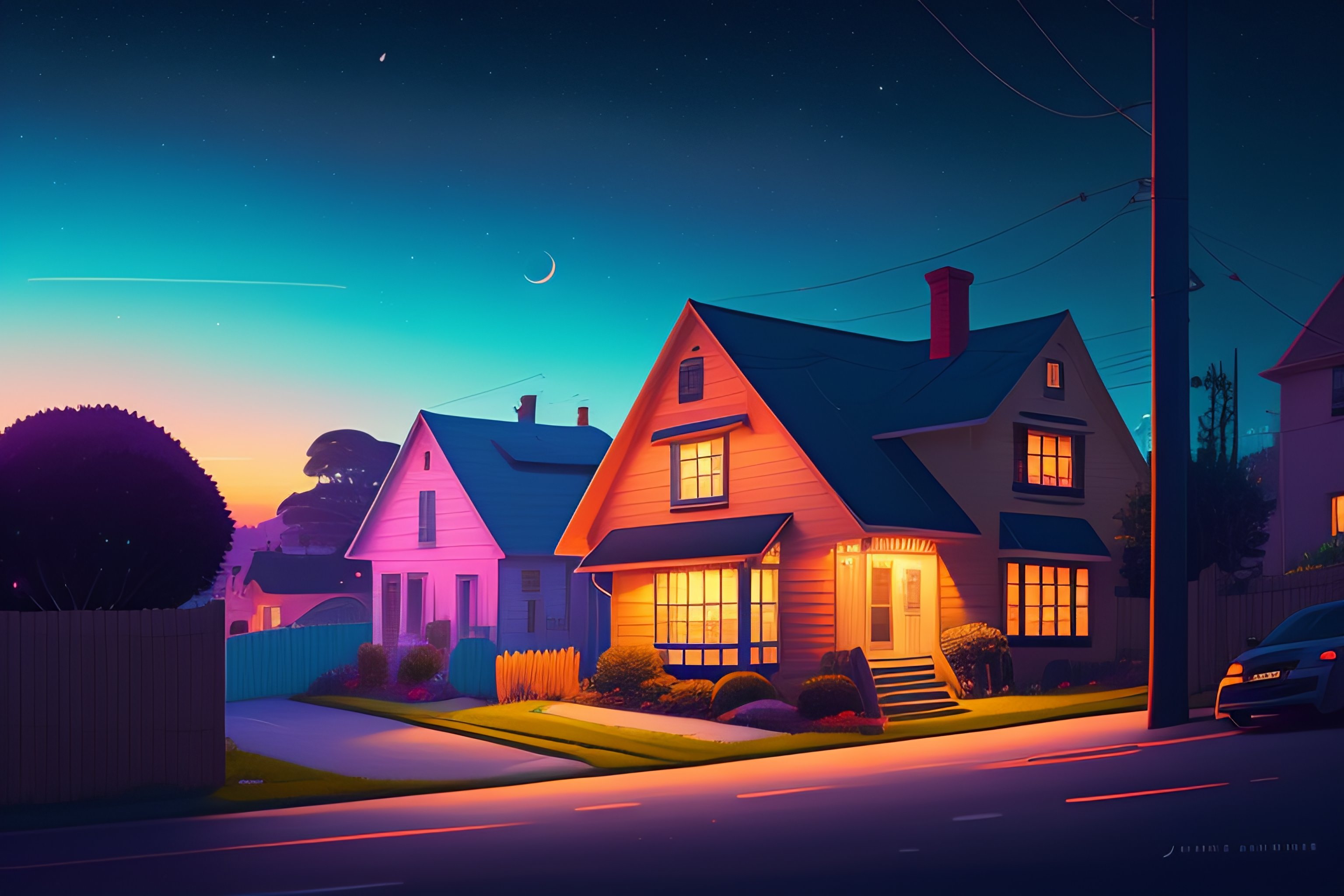 Lexica - The small house On a Street in san Francisco, dark night, moon ...