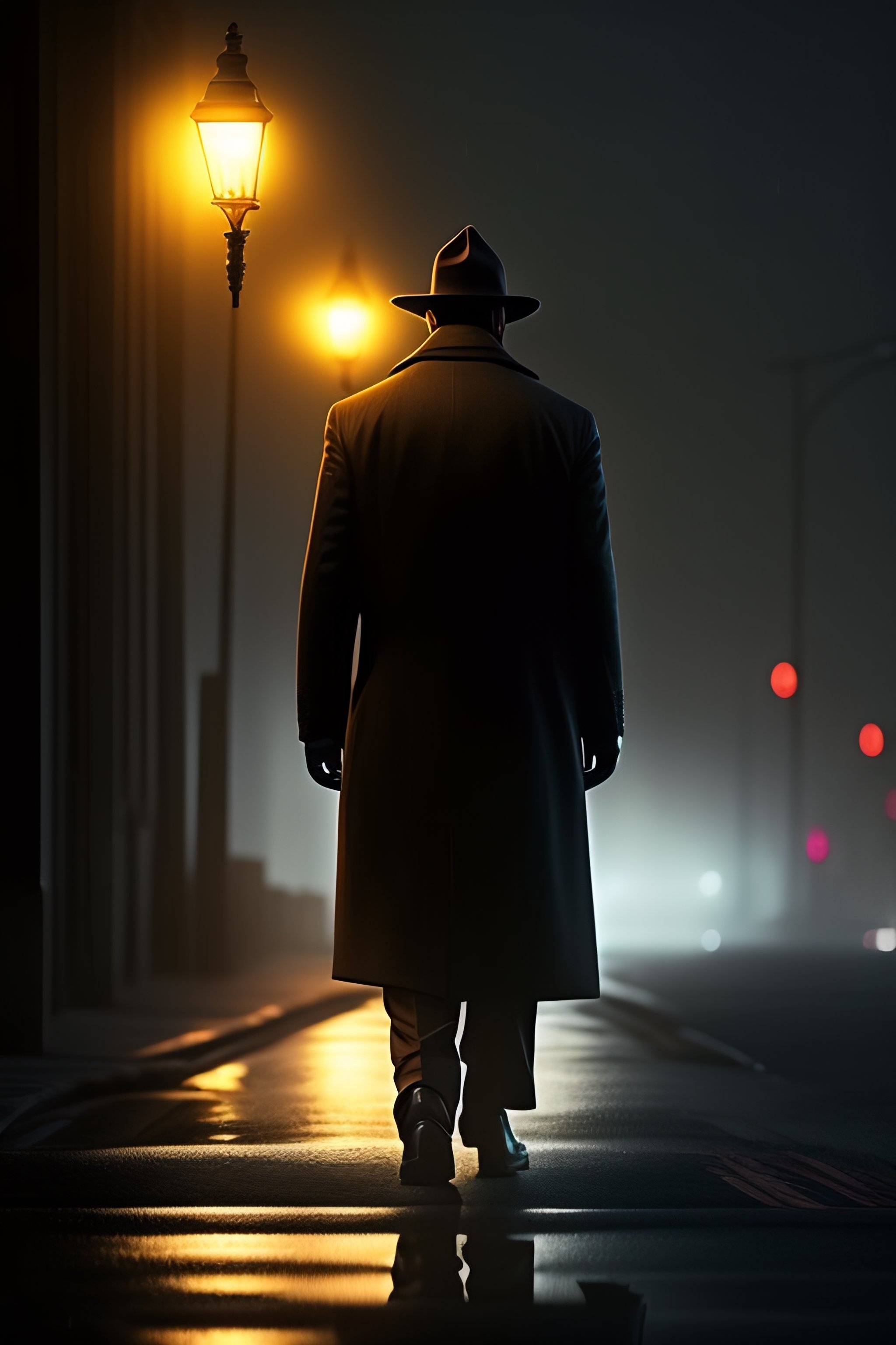 Lexica - A solitary detective walking down a dark, deserted street ...