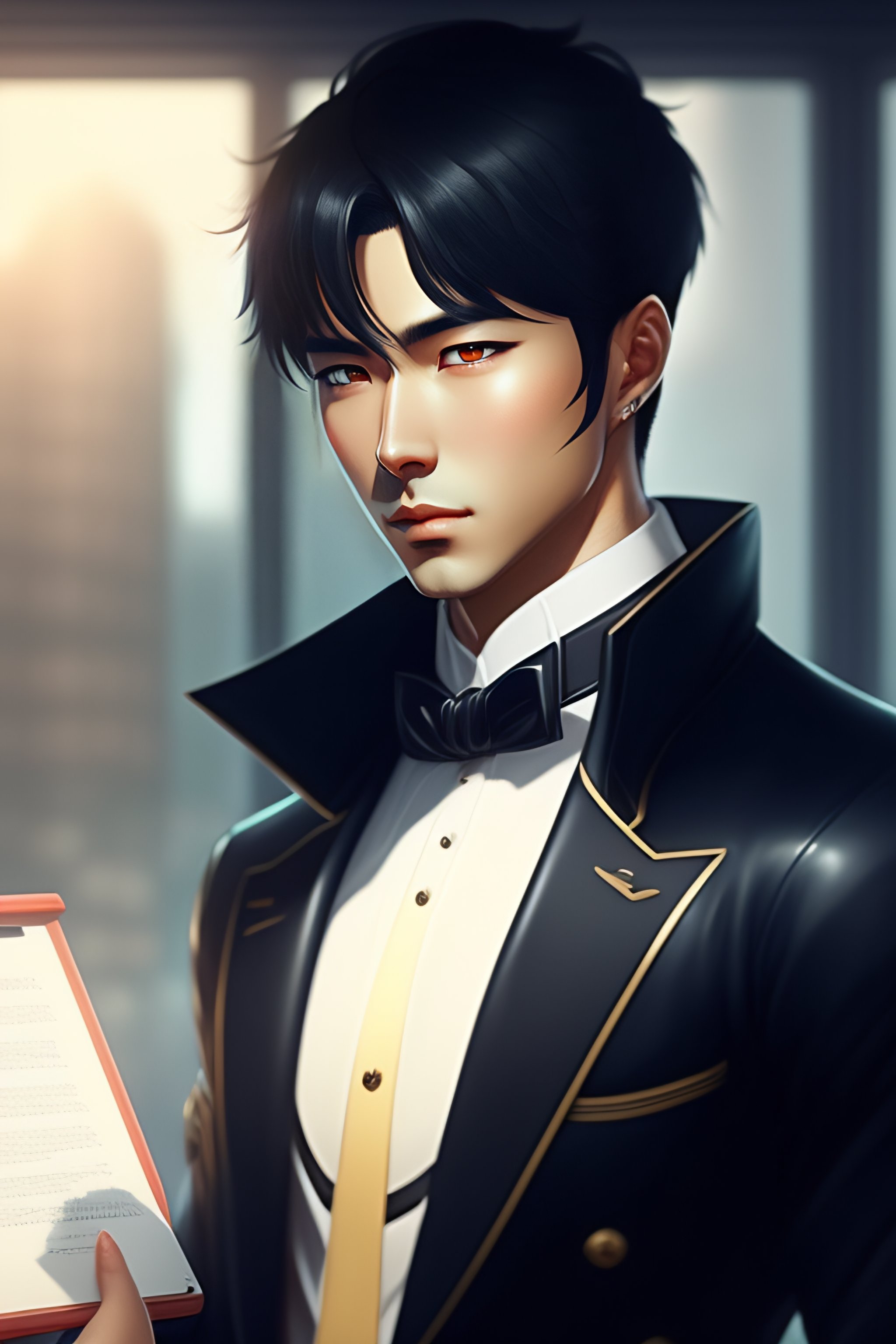 Lexica - Handsome anime man with short black hair, wearing coat and no ...