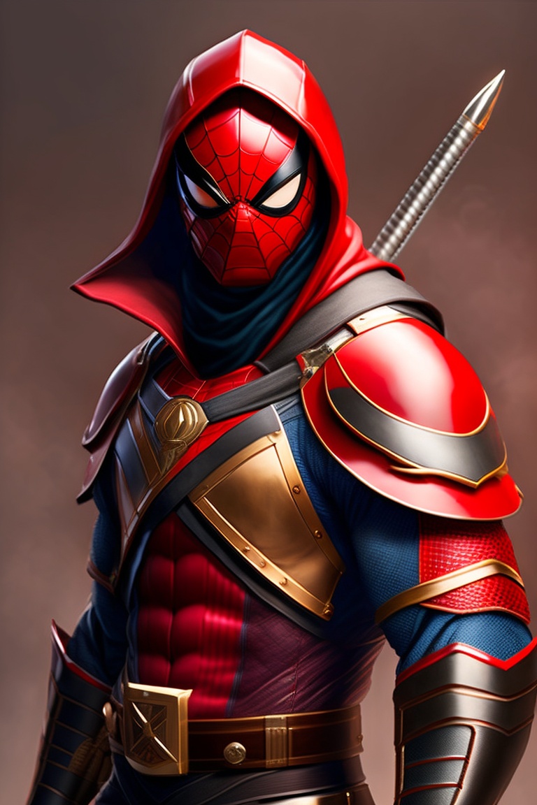 Lexica - Red ninja spiderman, cool, villain, handsome, carrying a samurai
