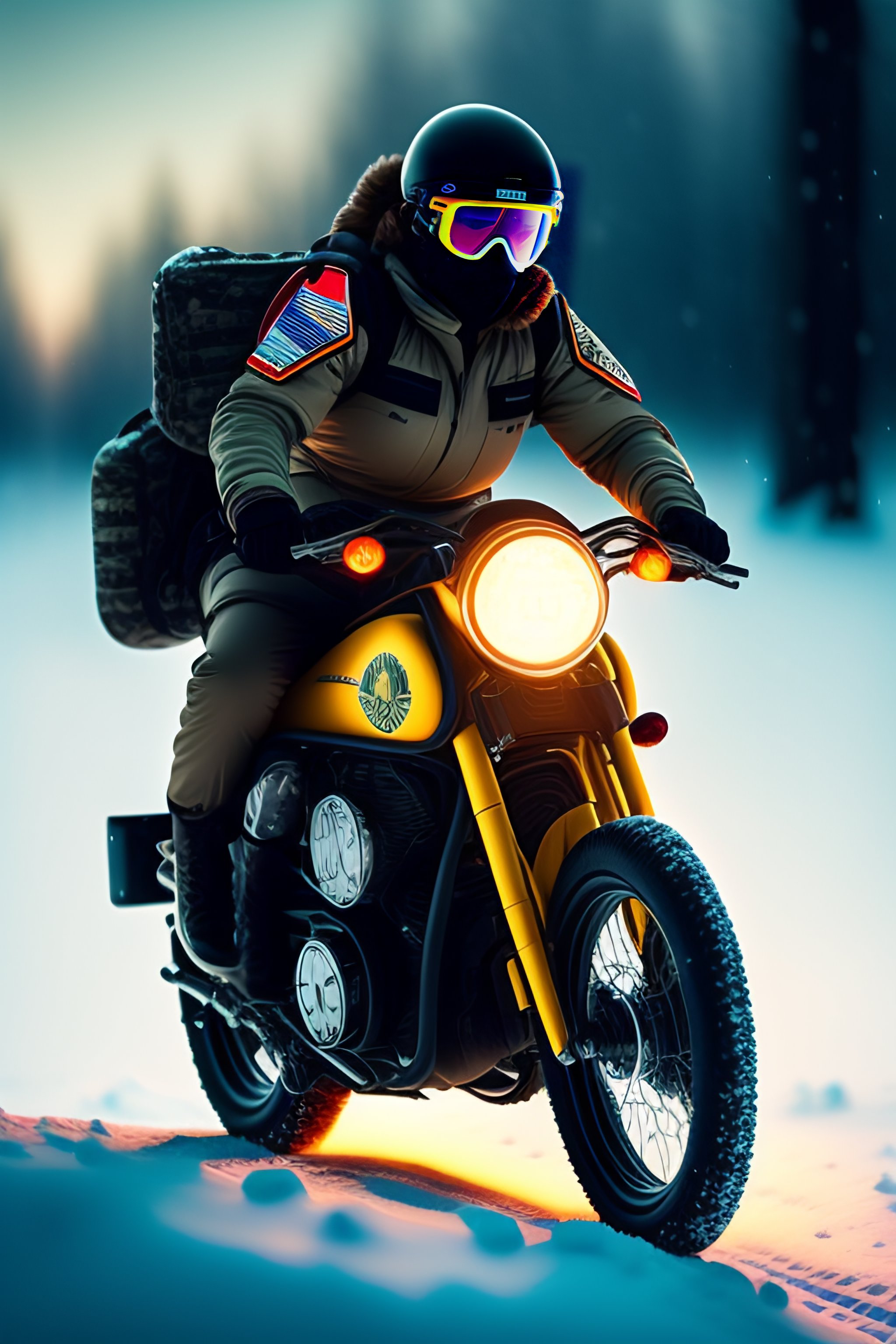 Lexica - Army Official riding cyberpunk cycle , snow