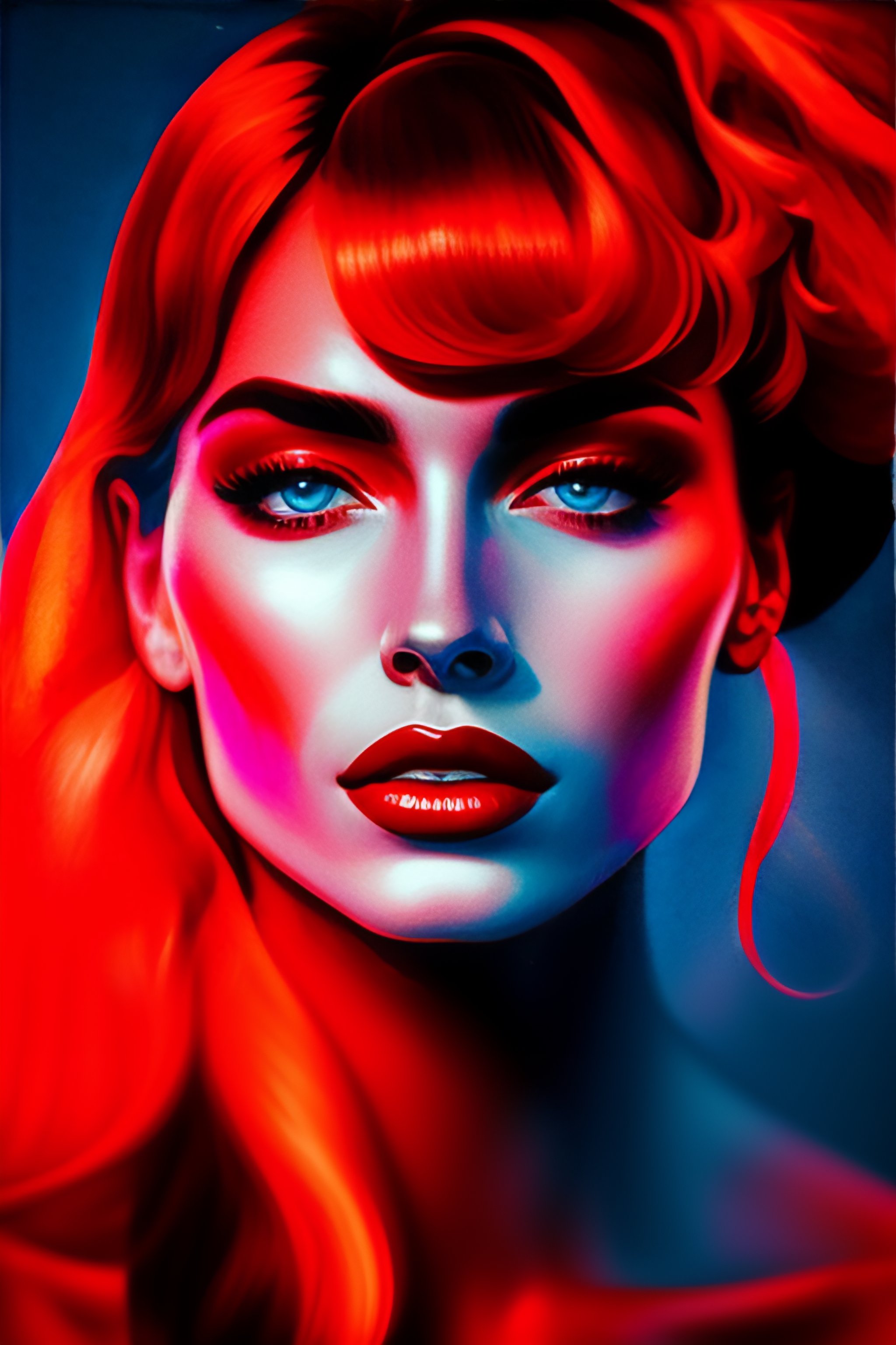 Lexica - Femme peau bleue aux grands yeux rouges carmin