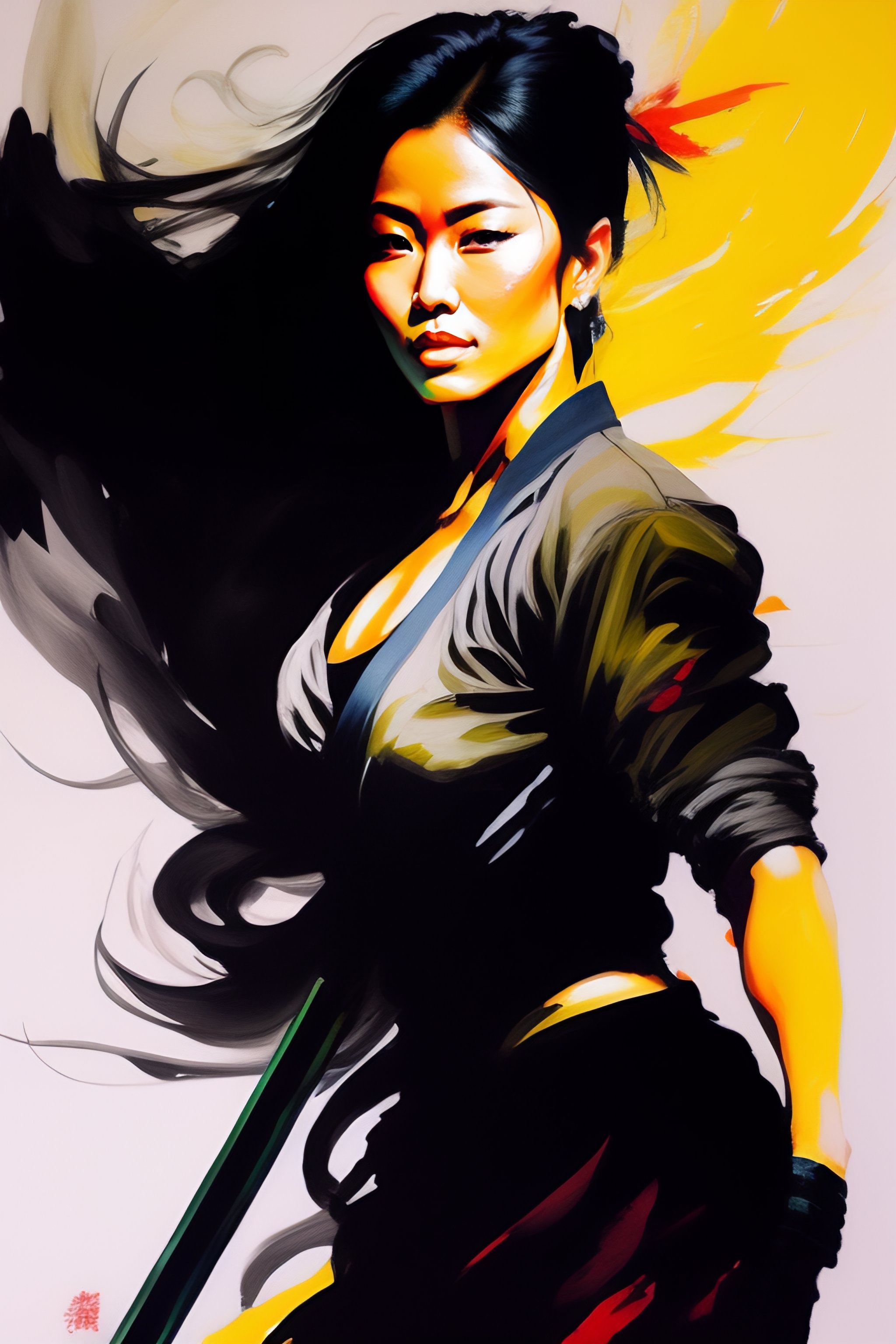Lexica - Gesture painting, guache on paper, female martial artist with ...