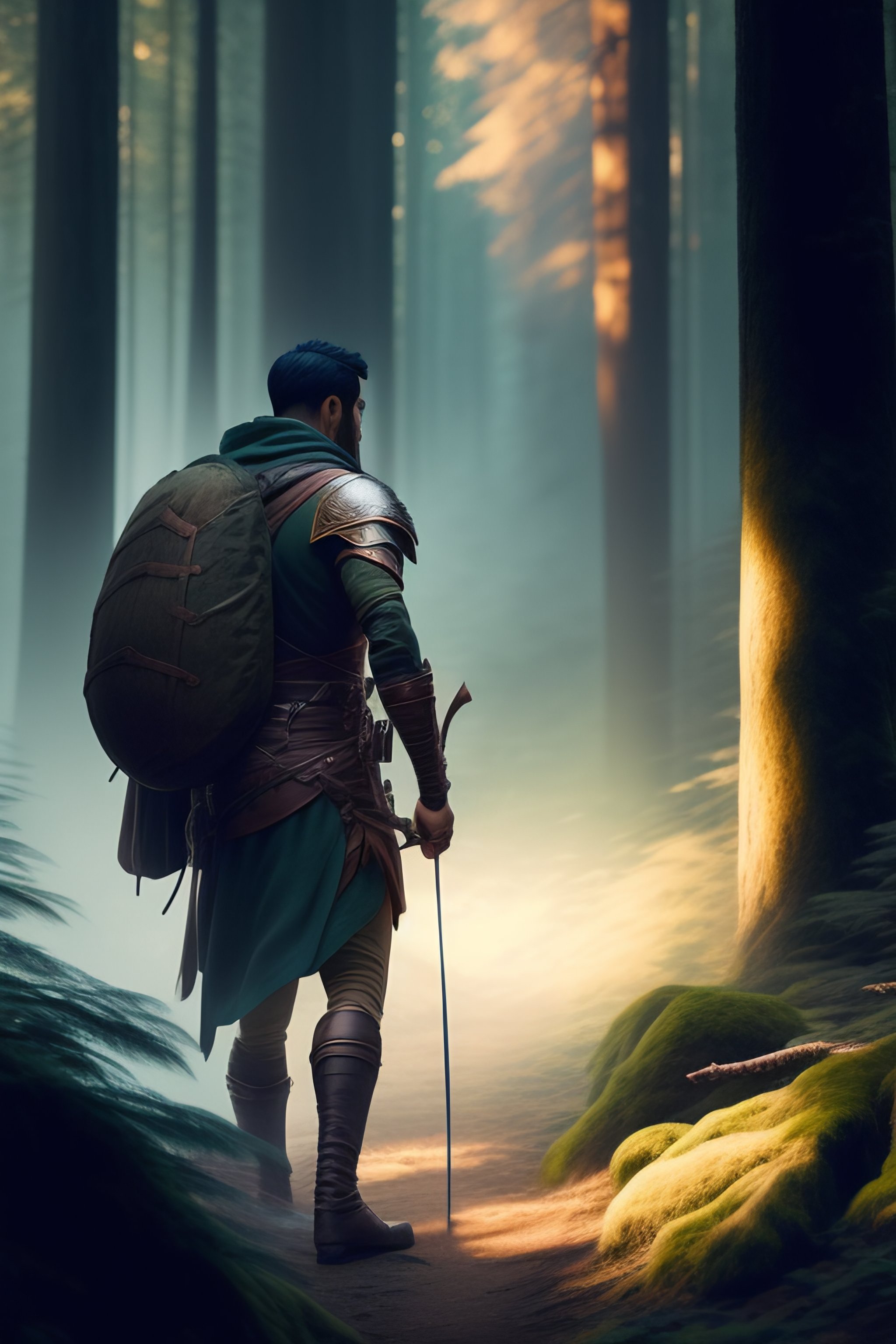 Lexica - A ranger, sword and bow in hand, entering a forest clearing ...