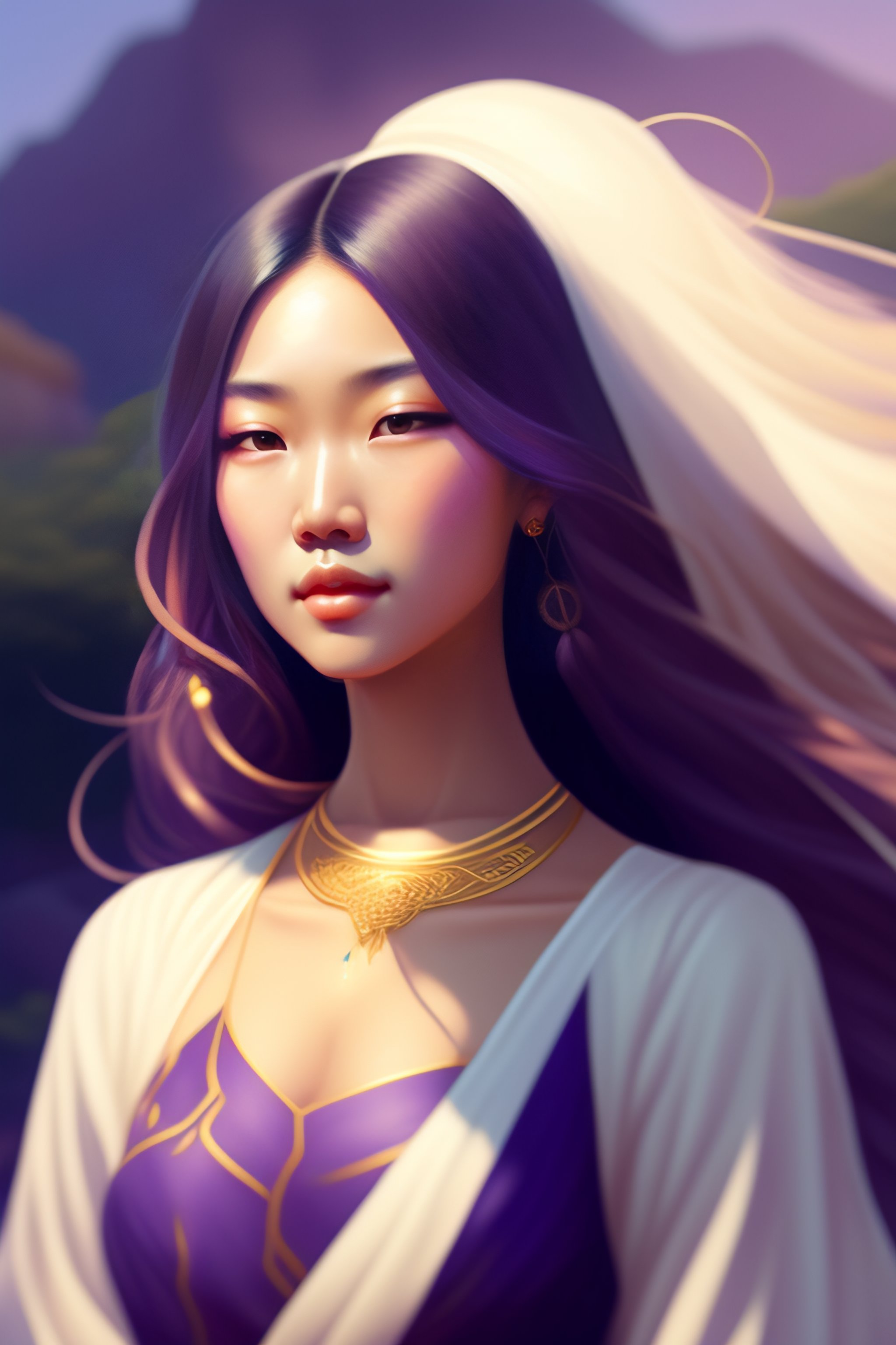 Lexica - A mestizo woman, asian and uropean rase, white skin, purple ...