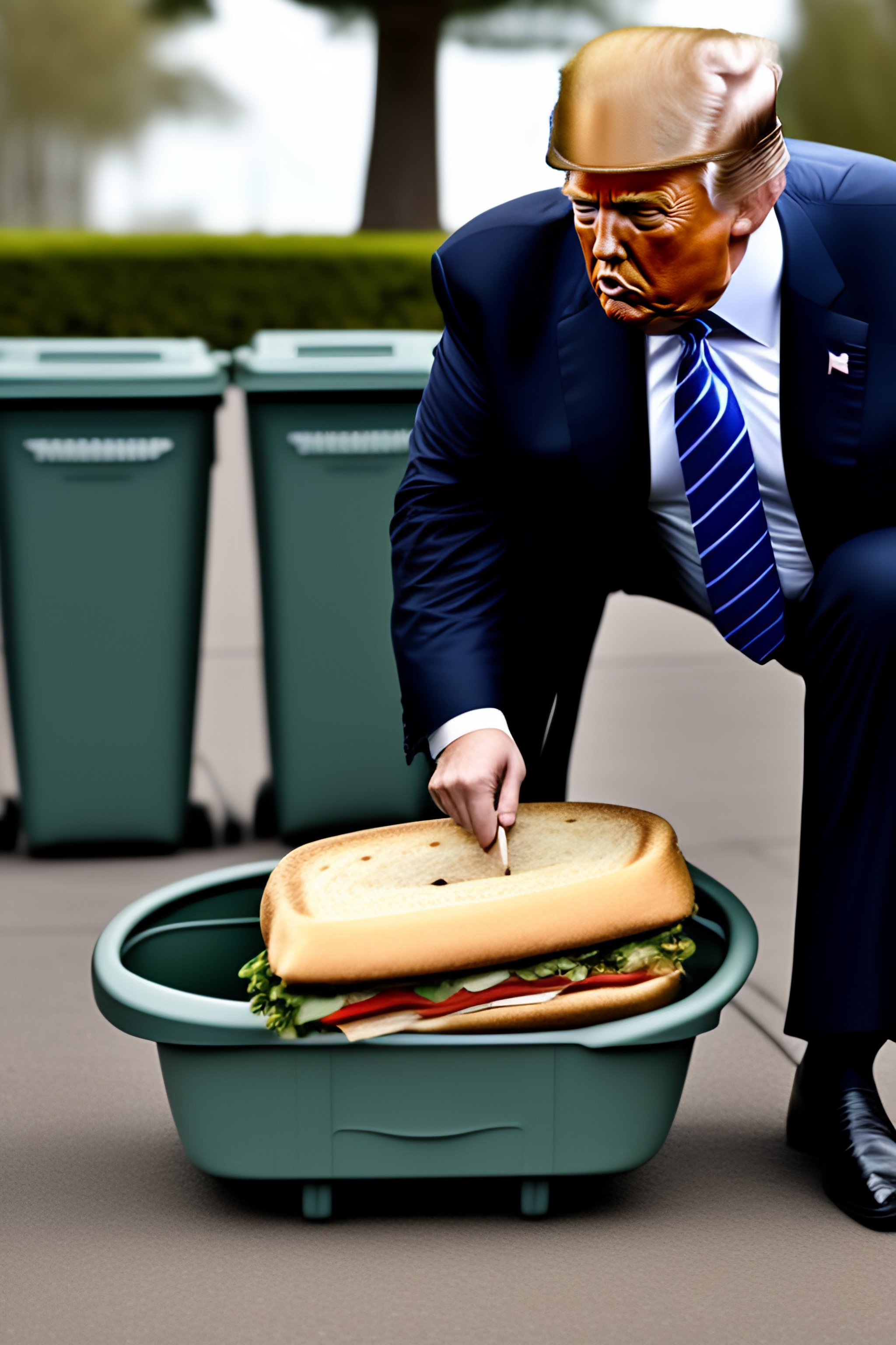 Lexica - Trump eating a sandwich between garbage cans