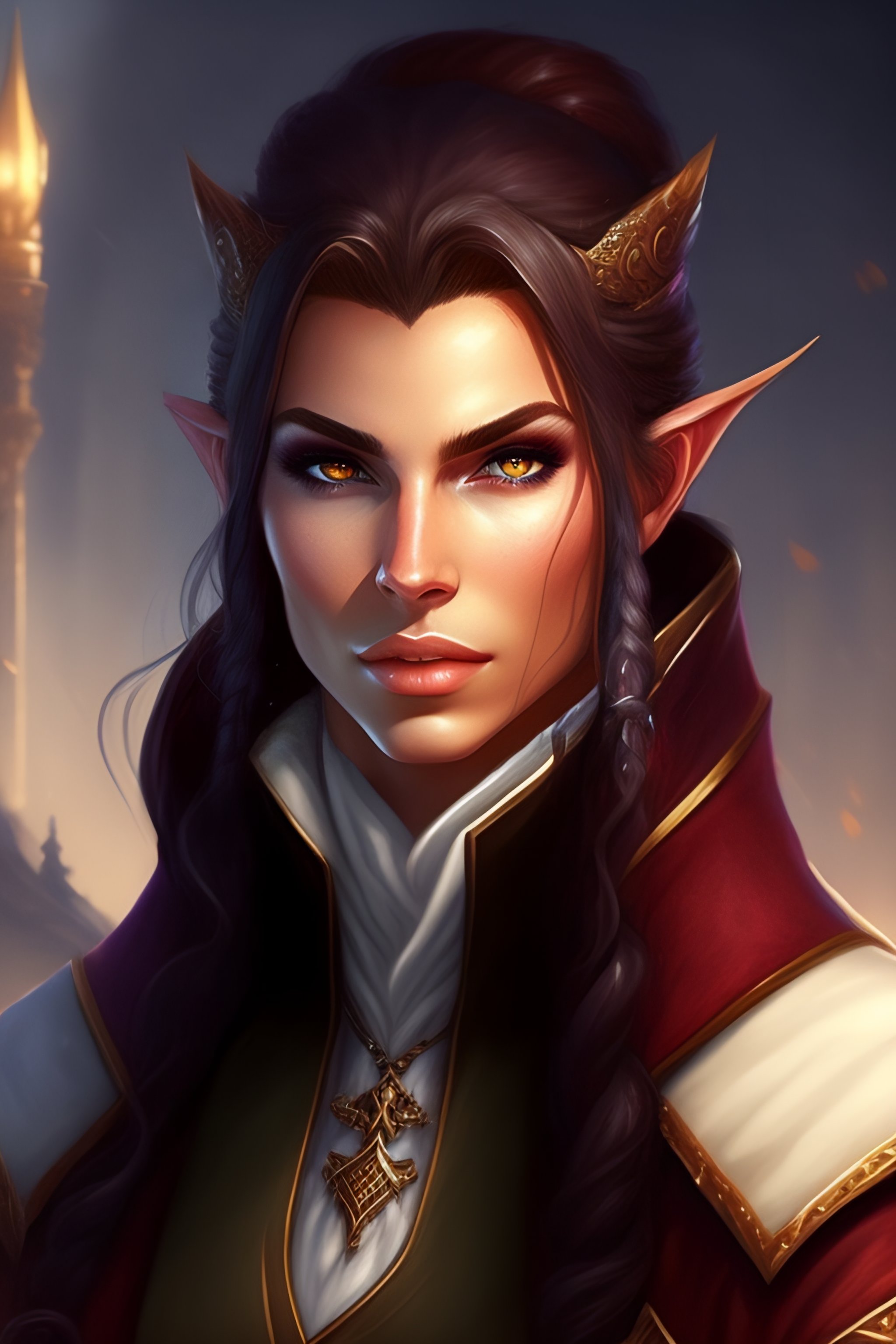 Lexica - Dnd charater, halh human, half elf, wearing a coat, elf ears ...