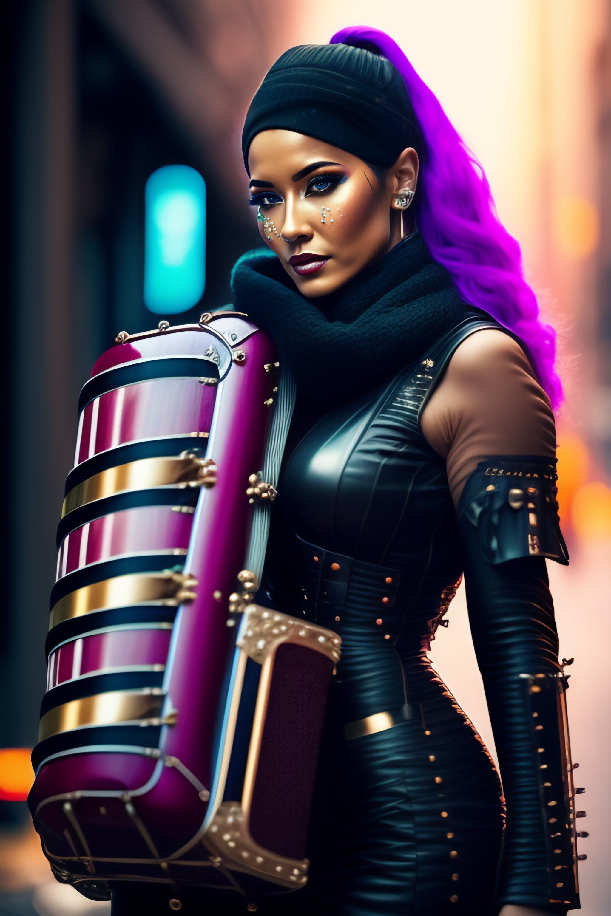 Lexica - Woman with accordion, cyberpunk