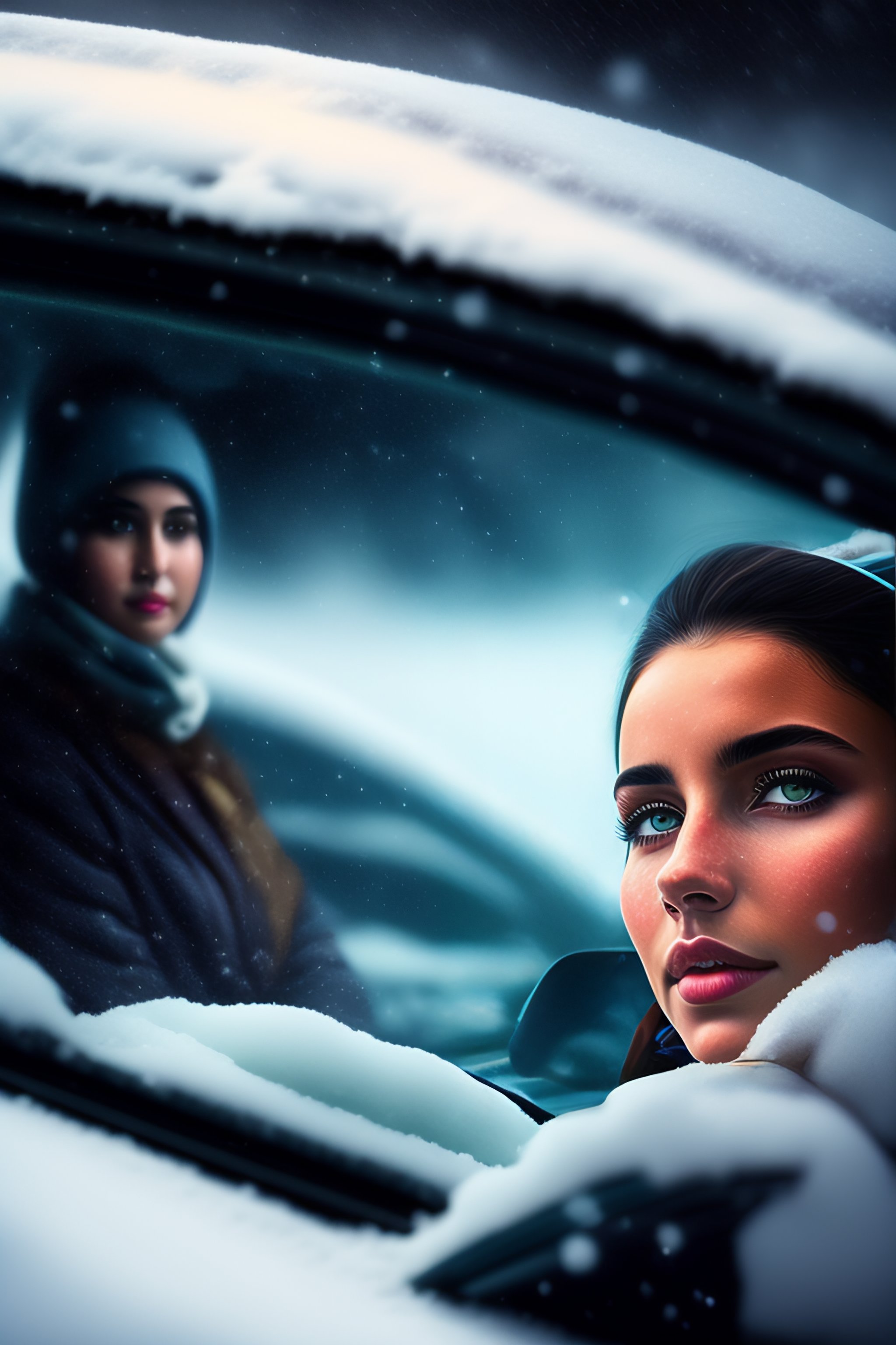 Lexica - A beautiful girl in the car, next to the Uzbek driver, rush along the highway, through ...