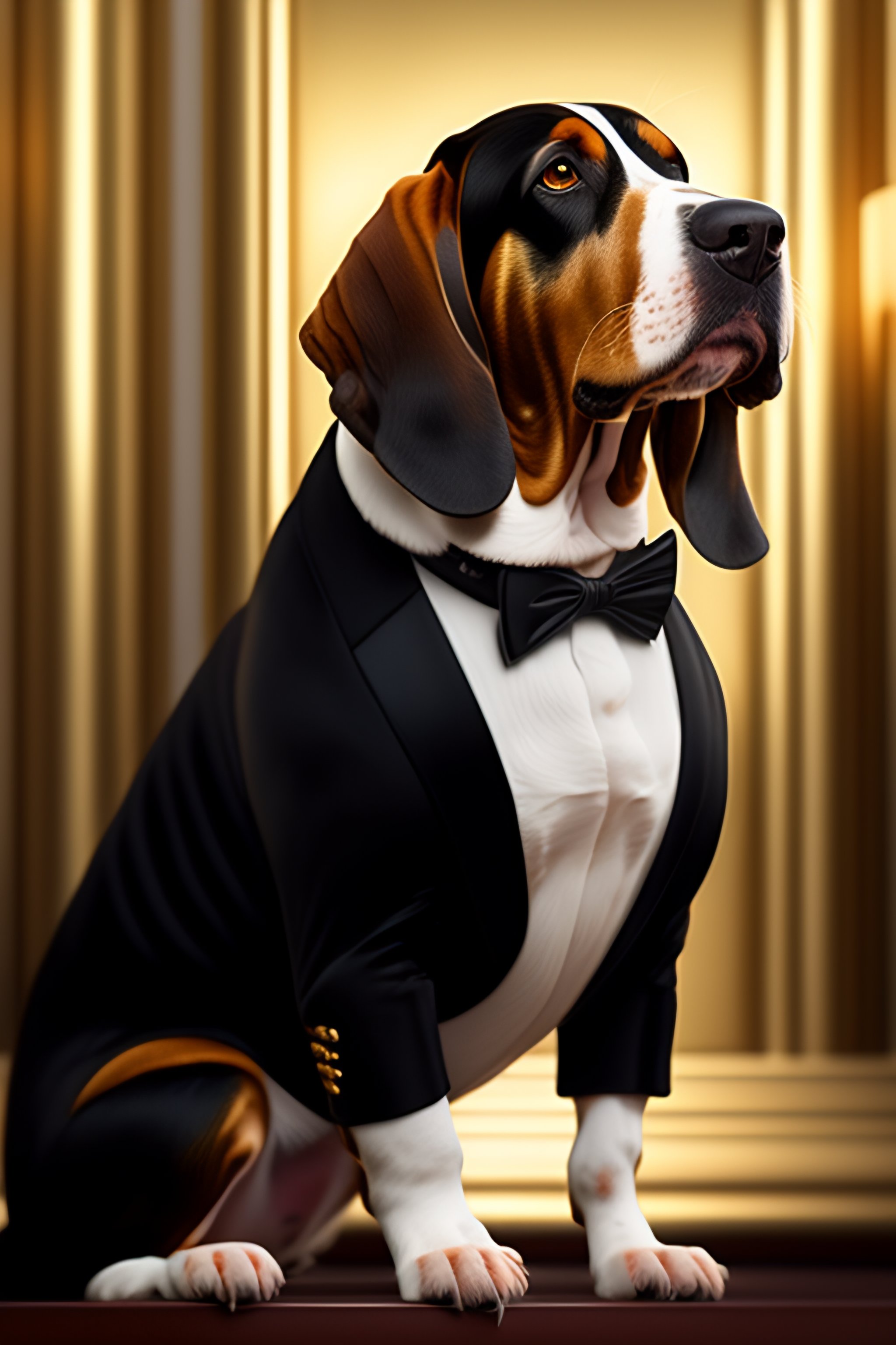 Lexica - A king Basset Dog in tuxedo , in retro gold hotel, highly ...