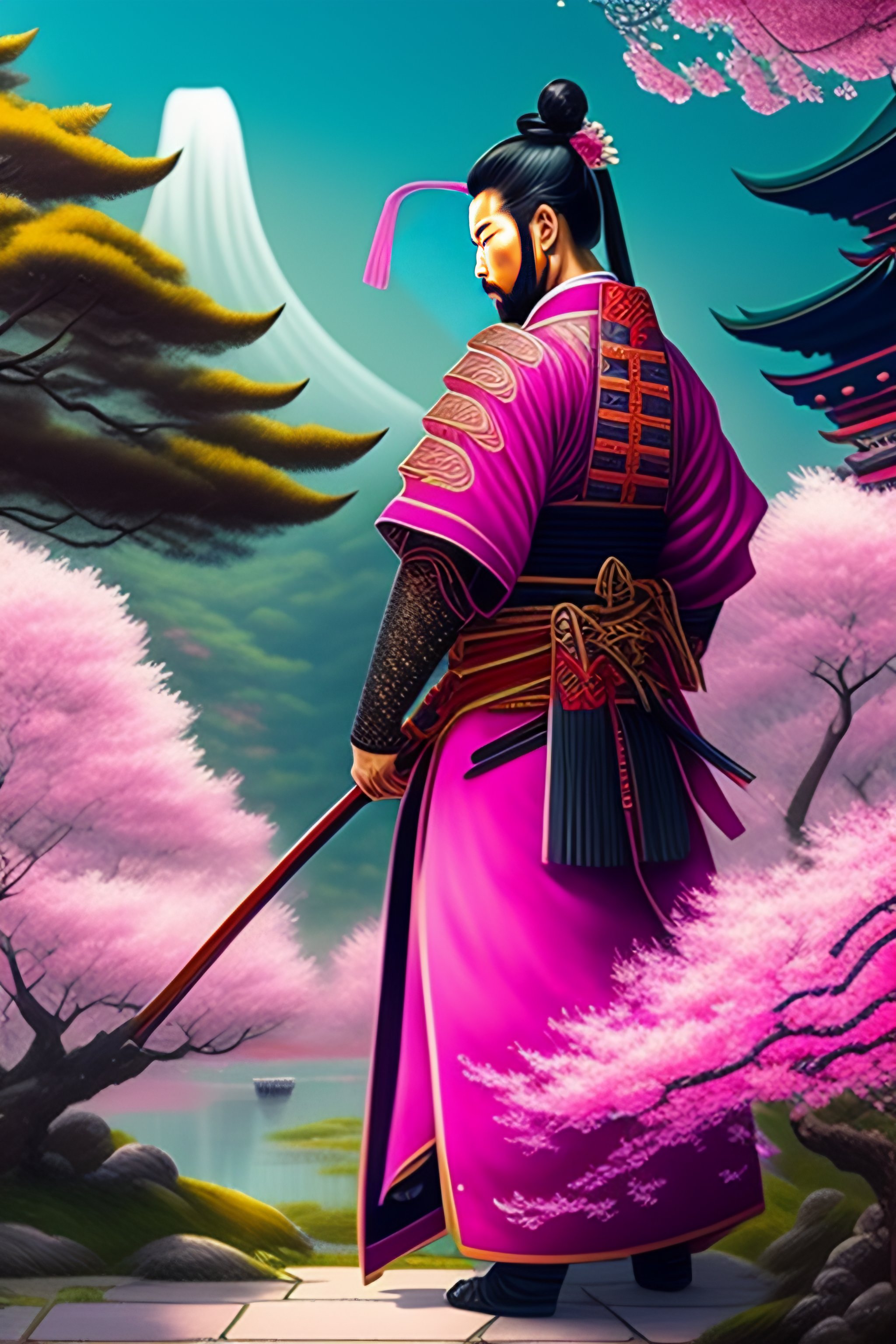Lexica - Samurai with magenta kimono draws his katana under a sakura ...