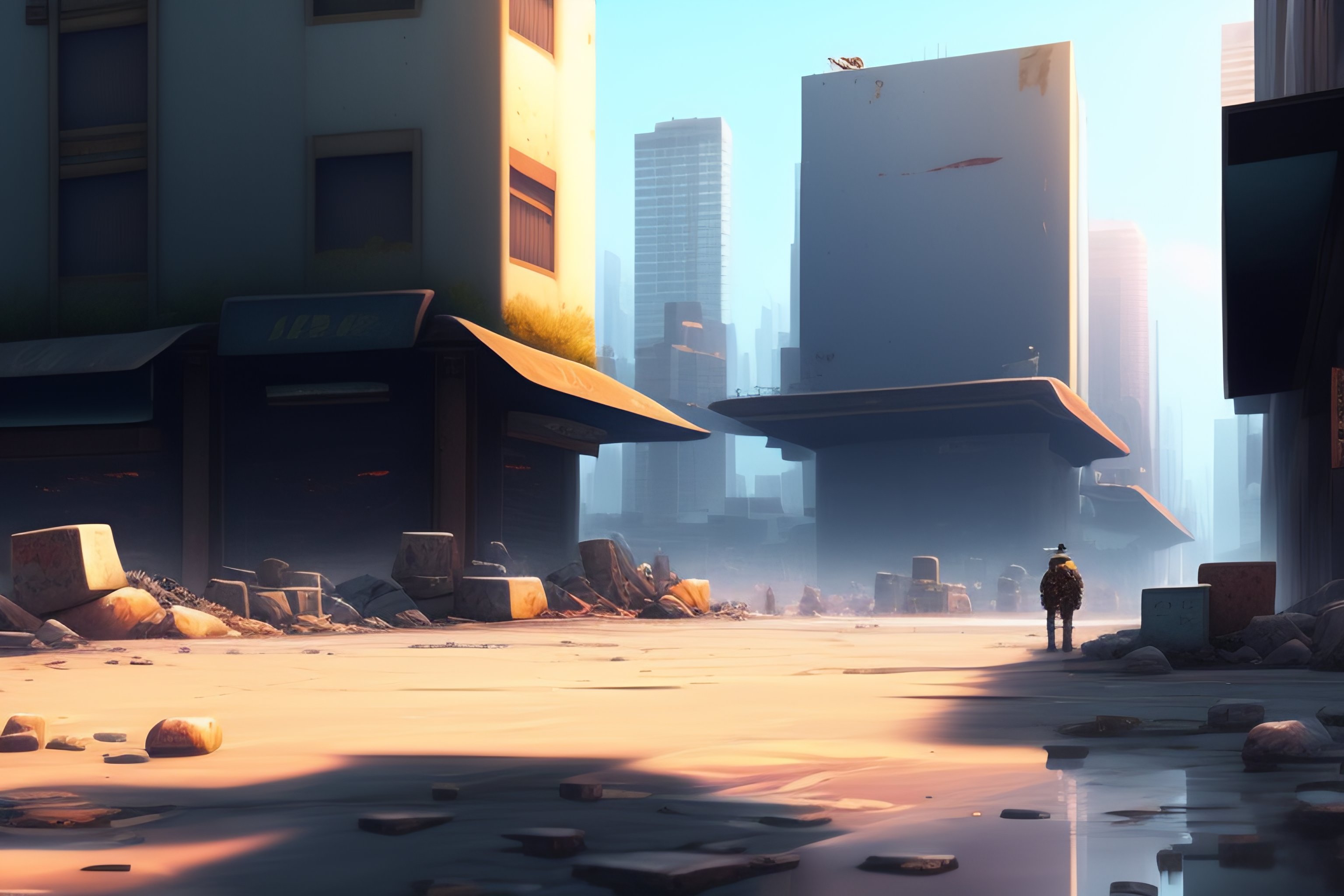 Lexica - A city with broken and damaged buildings with concrete rubble ...