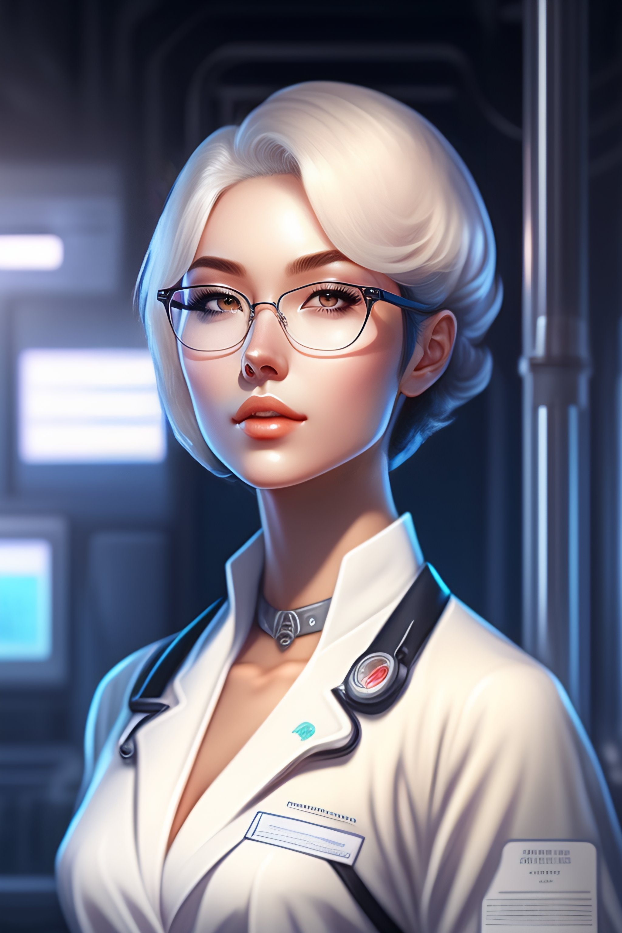 Lexica - Beautiful anime girl with short white hair, wearing lab coat ...