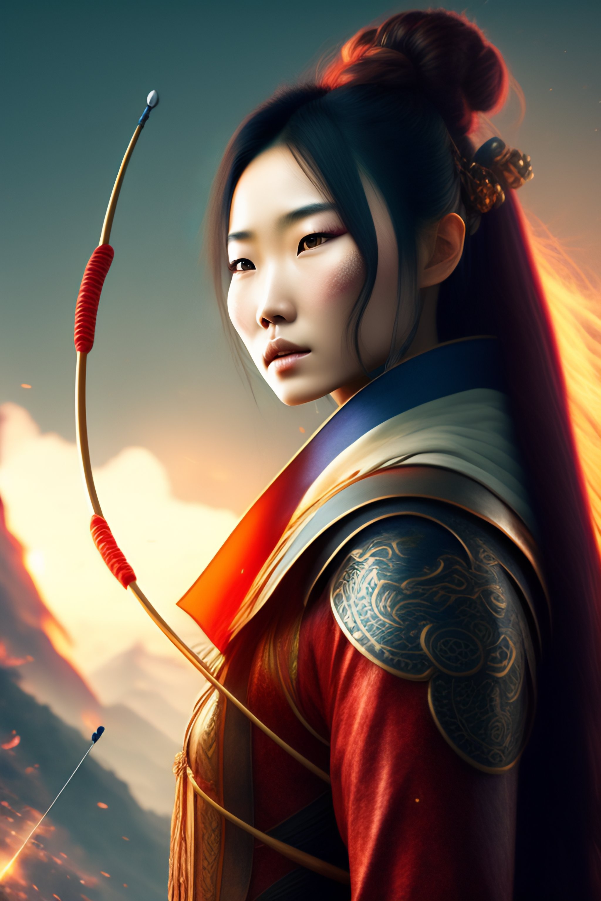 Lexica - Avatar style chinese girl shooting arrows, distressed clothing ...