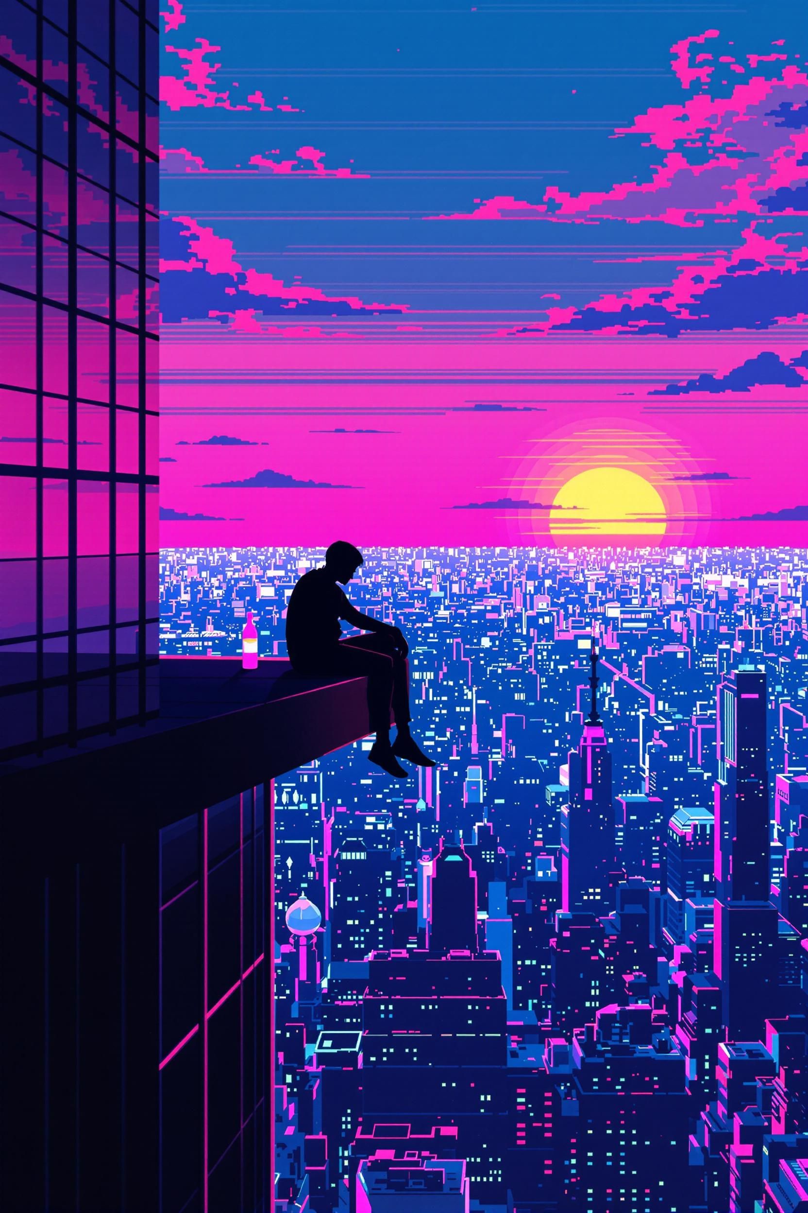 Lexica - 8 bit style man silhouette sitting on skyscraper night scene ...