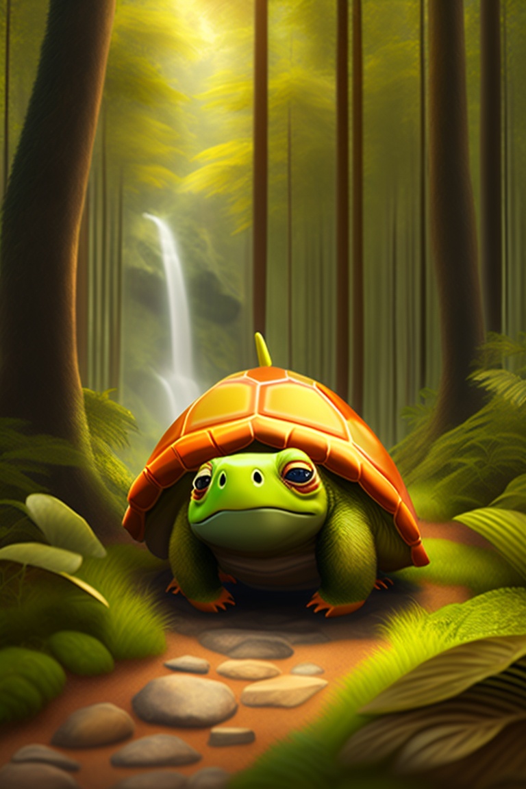 Lexica - Turtle and sloth, forest, path. cartoon.