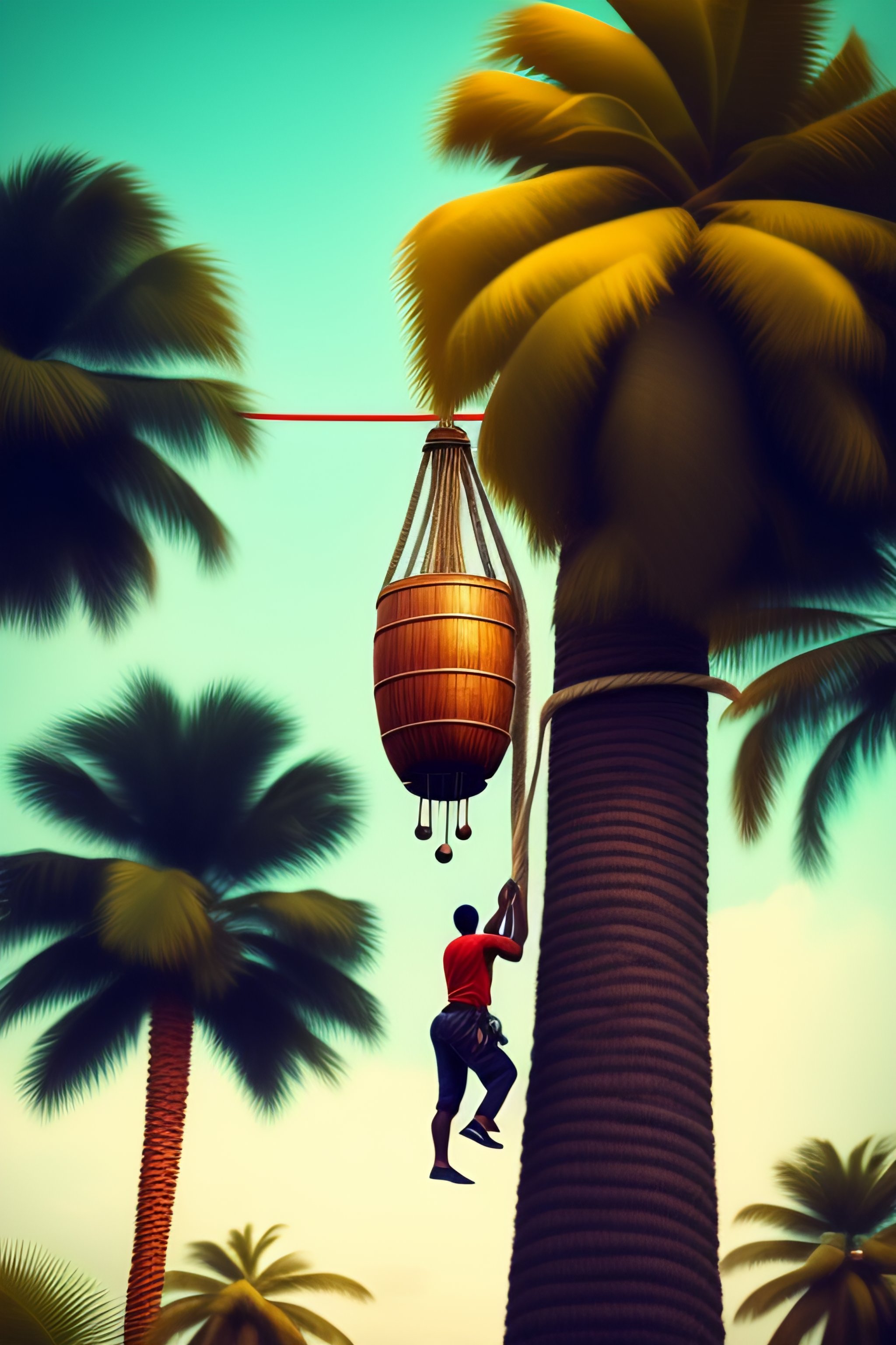 Lexica - A Palm Wine Tapper climbing a palm tree with ropes and a keg ...