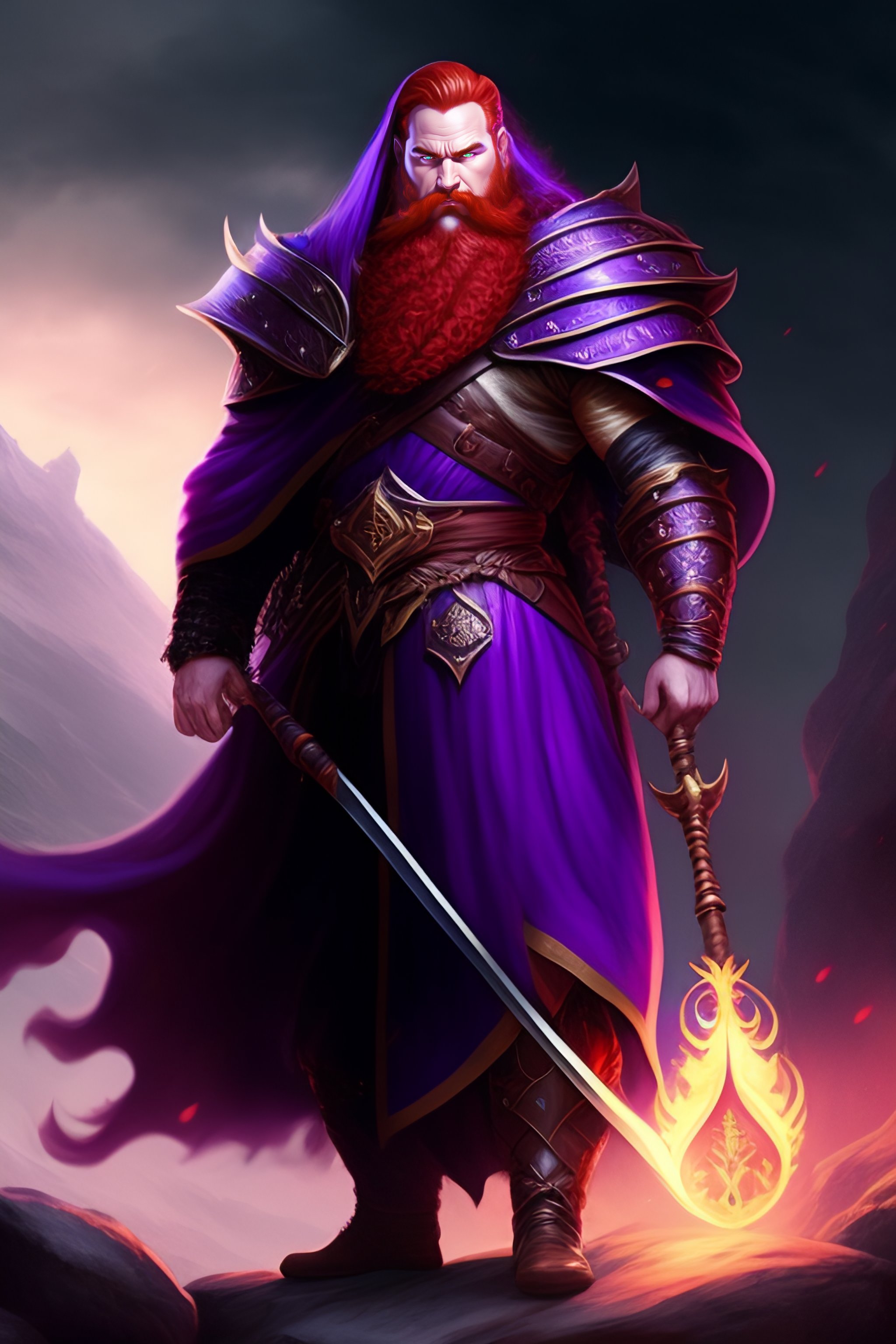 Lexica - Fantasy dwarf, redhead male, very dark purple robes,big shield ...