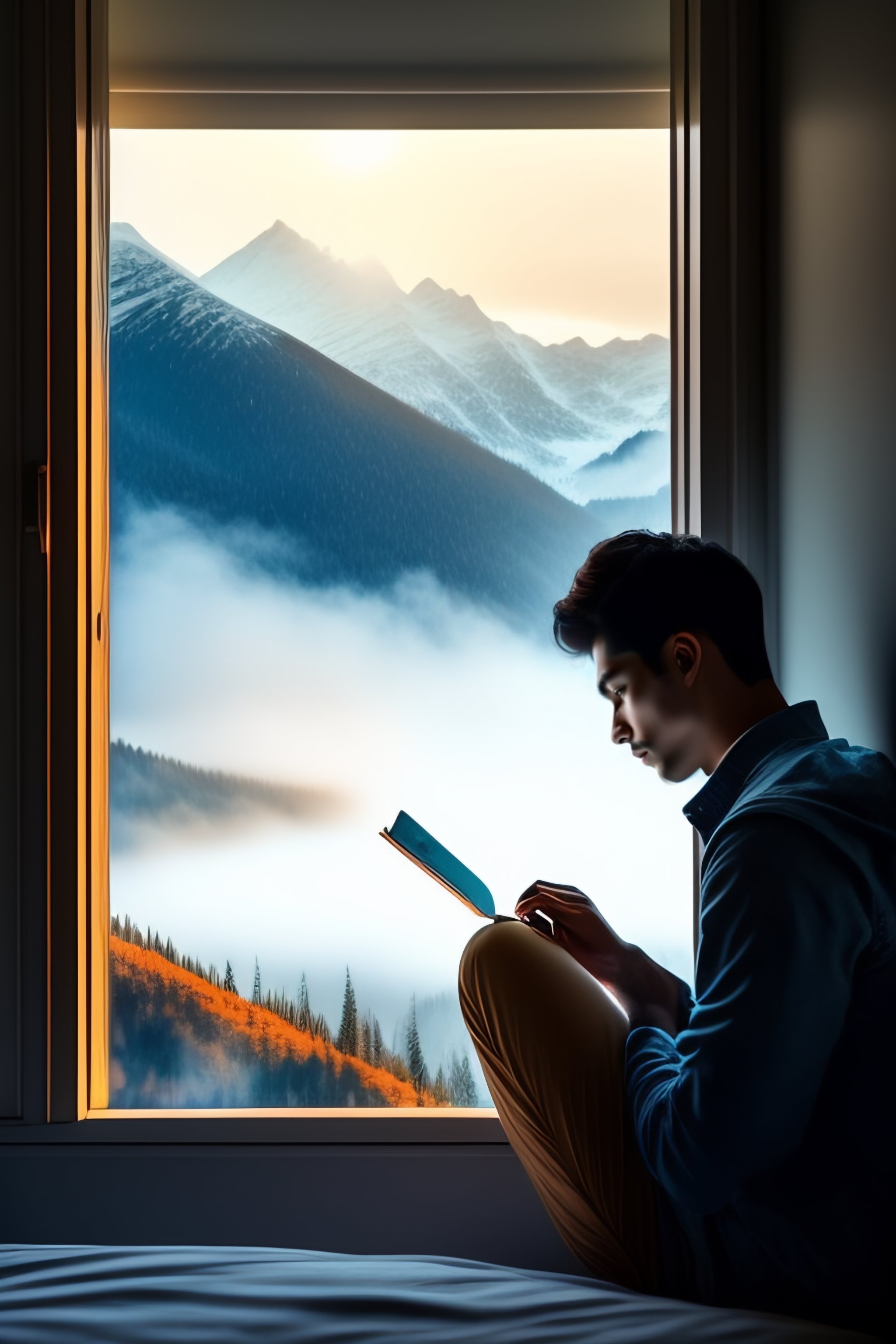 Lexica - A guy journaling in his room with a beautiful view
