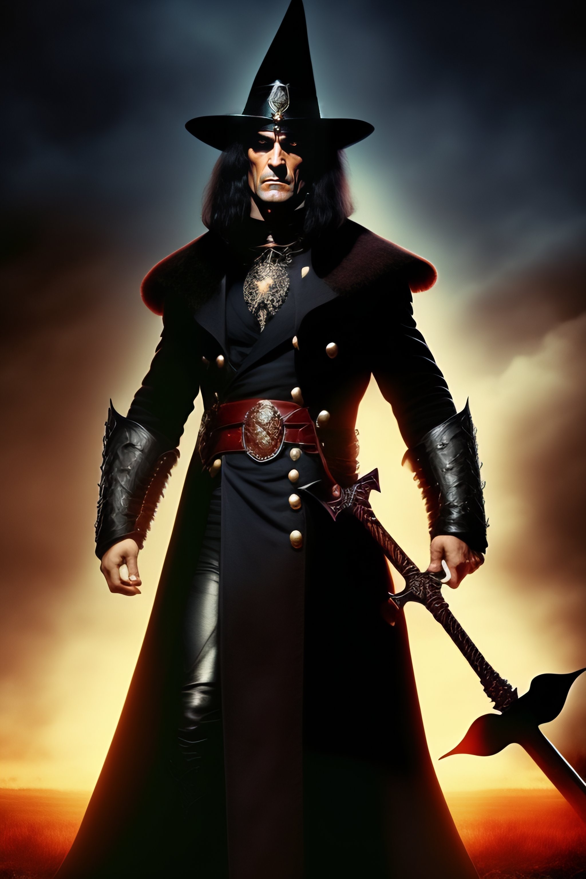 Lexica - A man wearing a witch hat. he is a vampire hunter holding a ...
