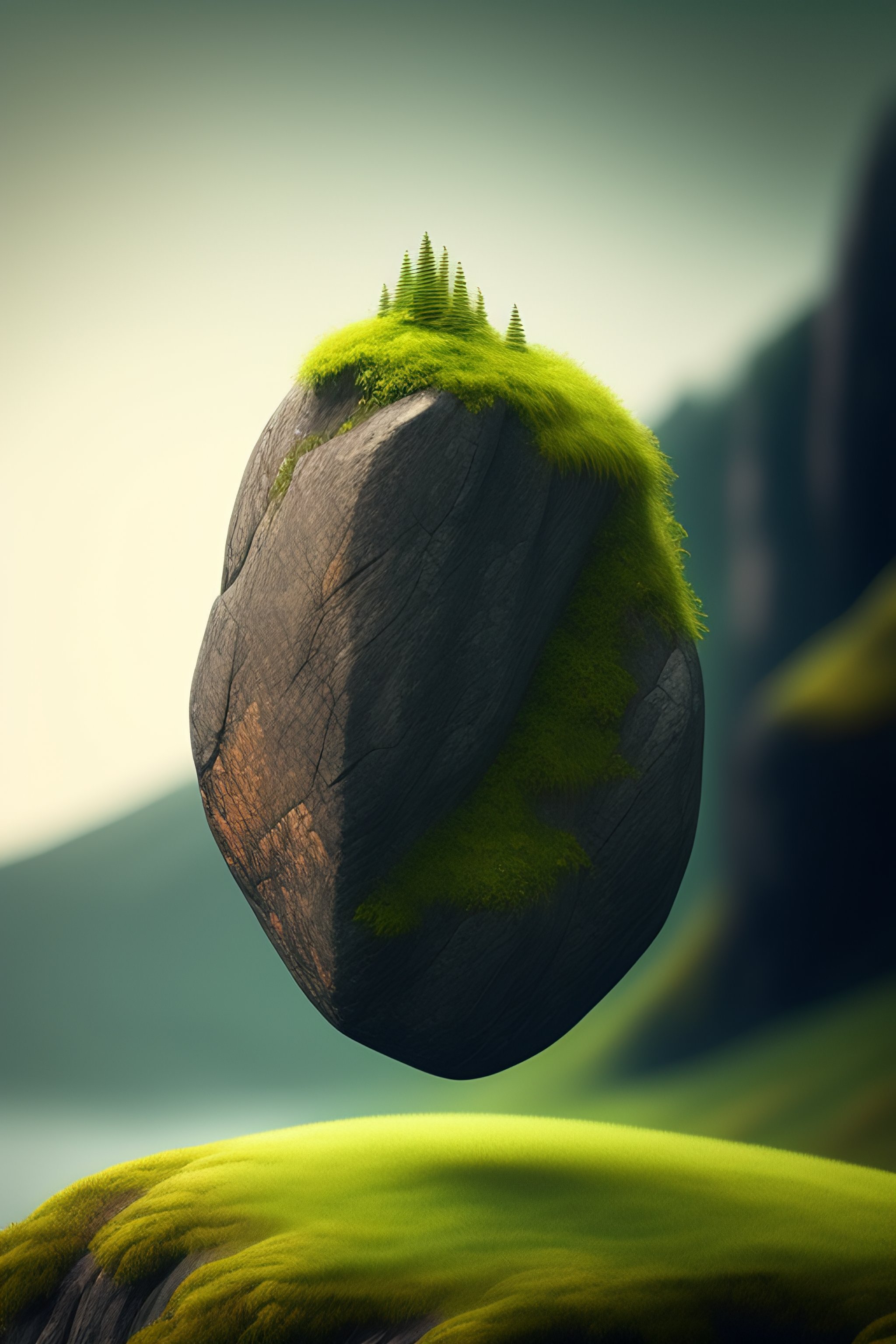 Lexica - Rock flying in the air covered with green moss, grass and fern ...