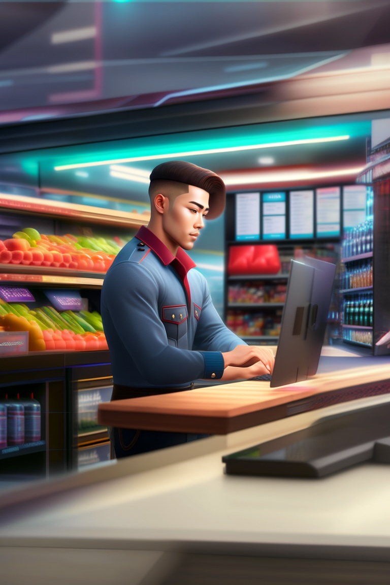 Lexica - Image of a man working on a computer inside a convenience ...