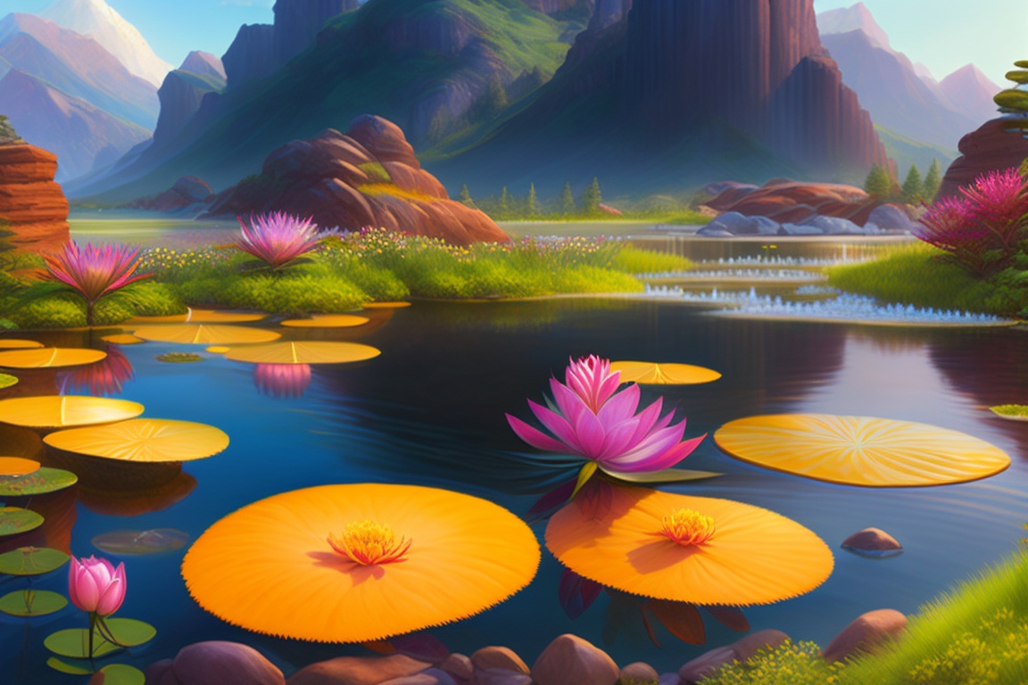Lexica - Tropical flower garden, oasis, stream, pond, lilly pads, lotus ...