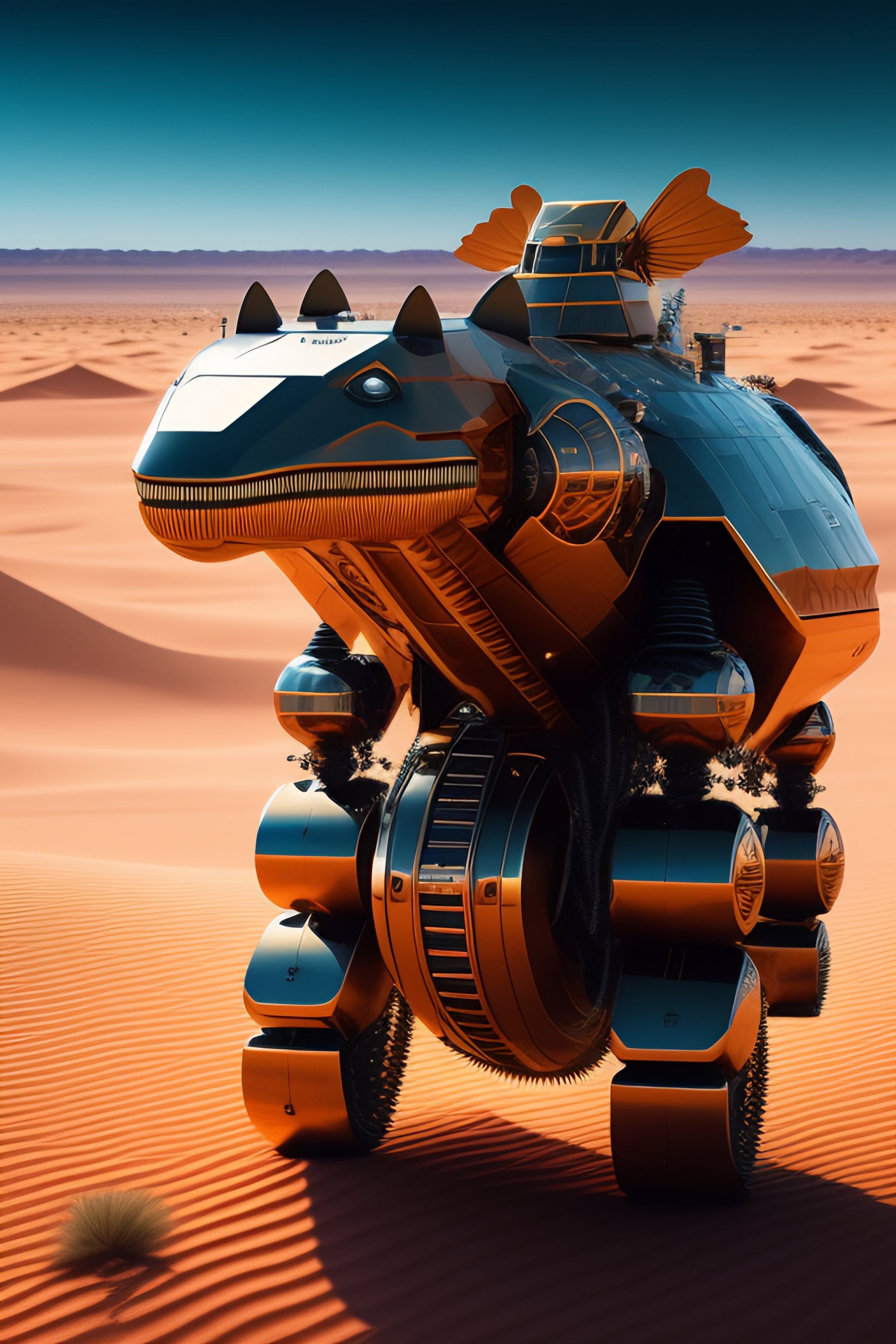 Lexica - A robot alligator with wings in the middle of an empty desert