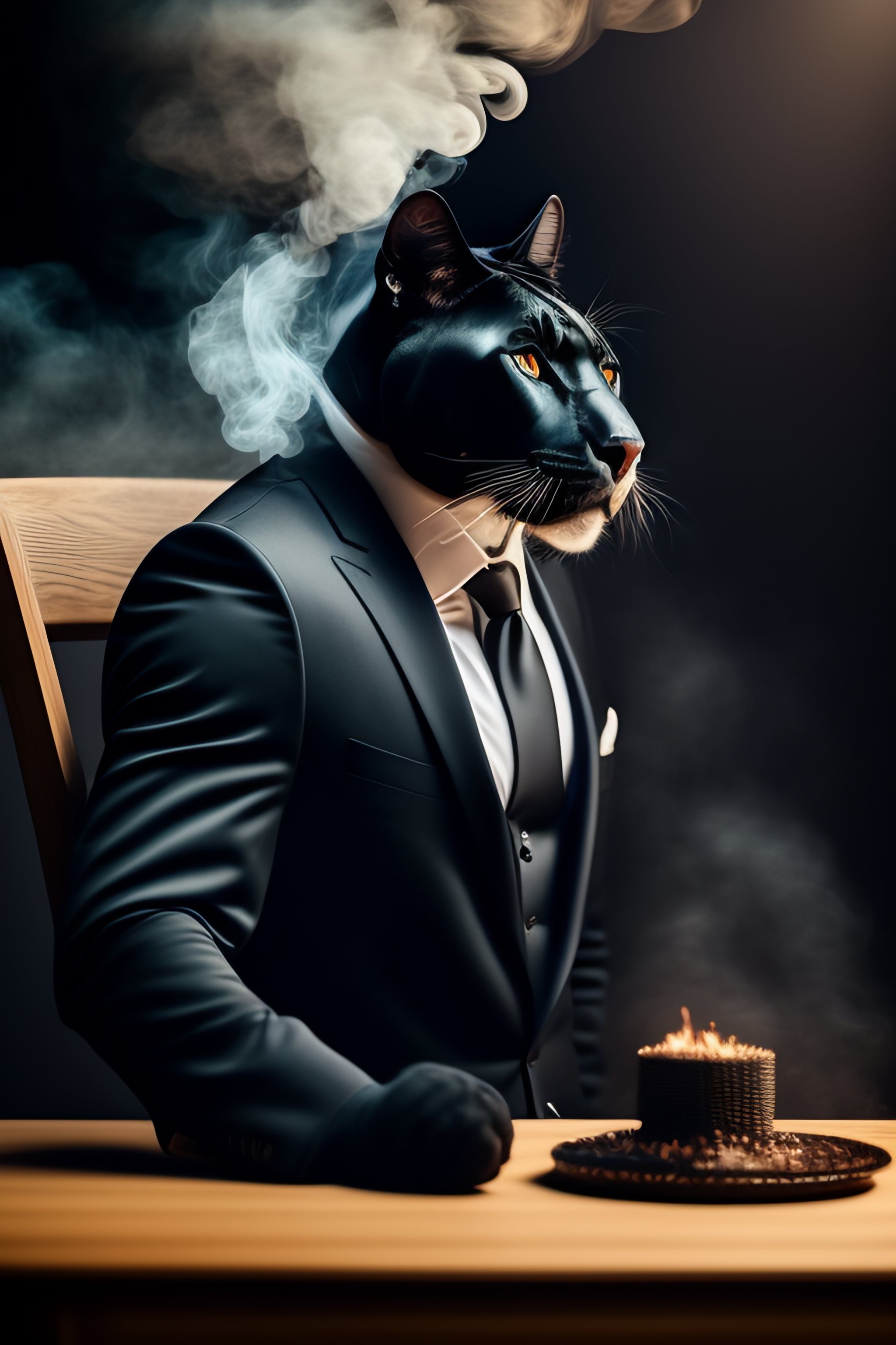 Lexica - Elegant panther, black suit, smoking a very smoky cigarette ...