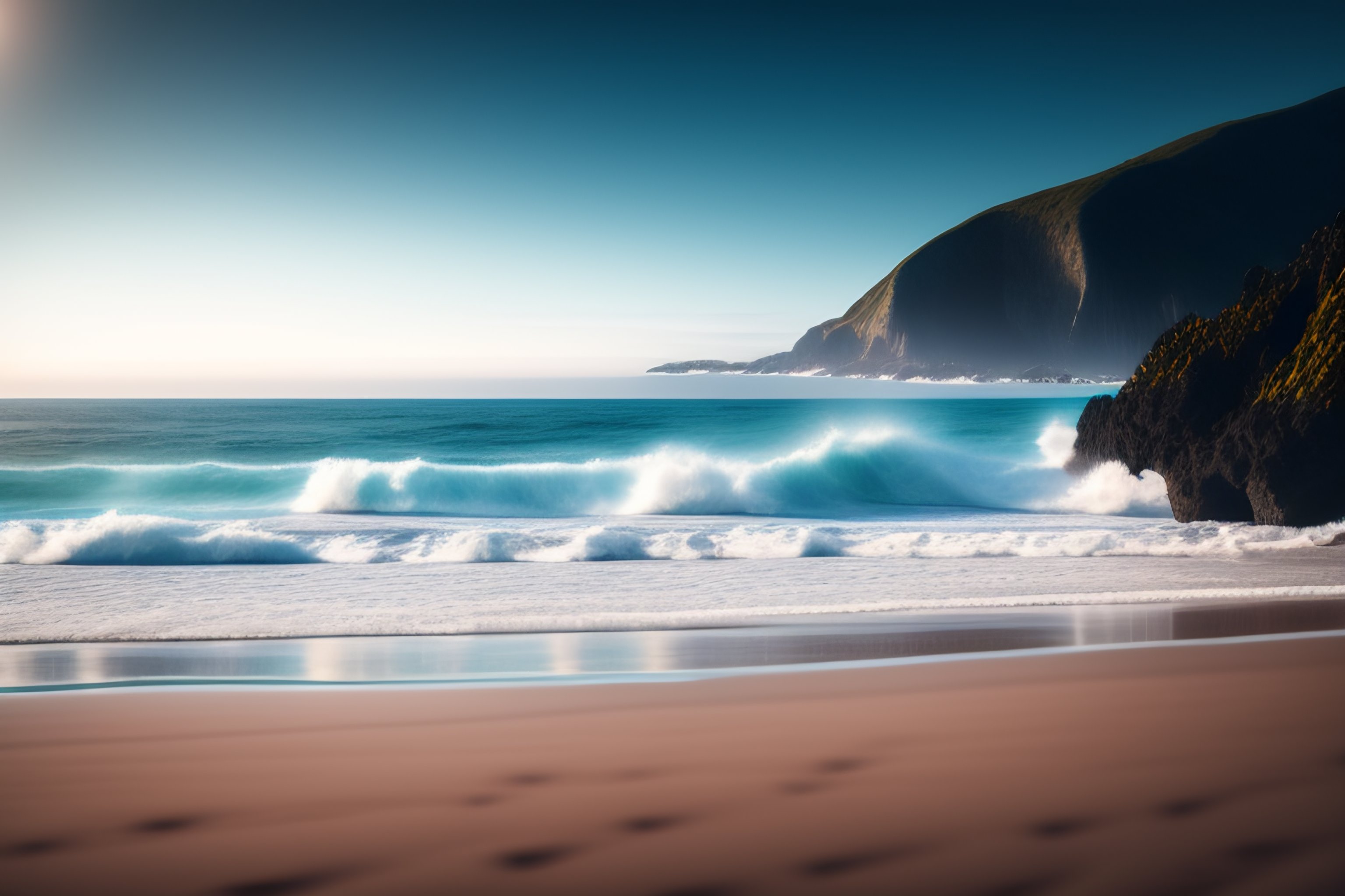 Lexica - Dynamic ocean view on a beach, cinema, sharp focus, intricate ...