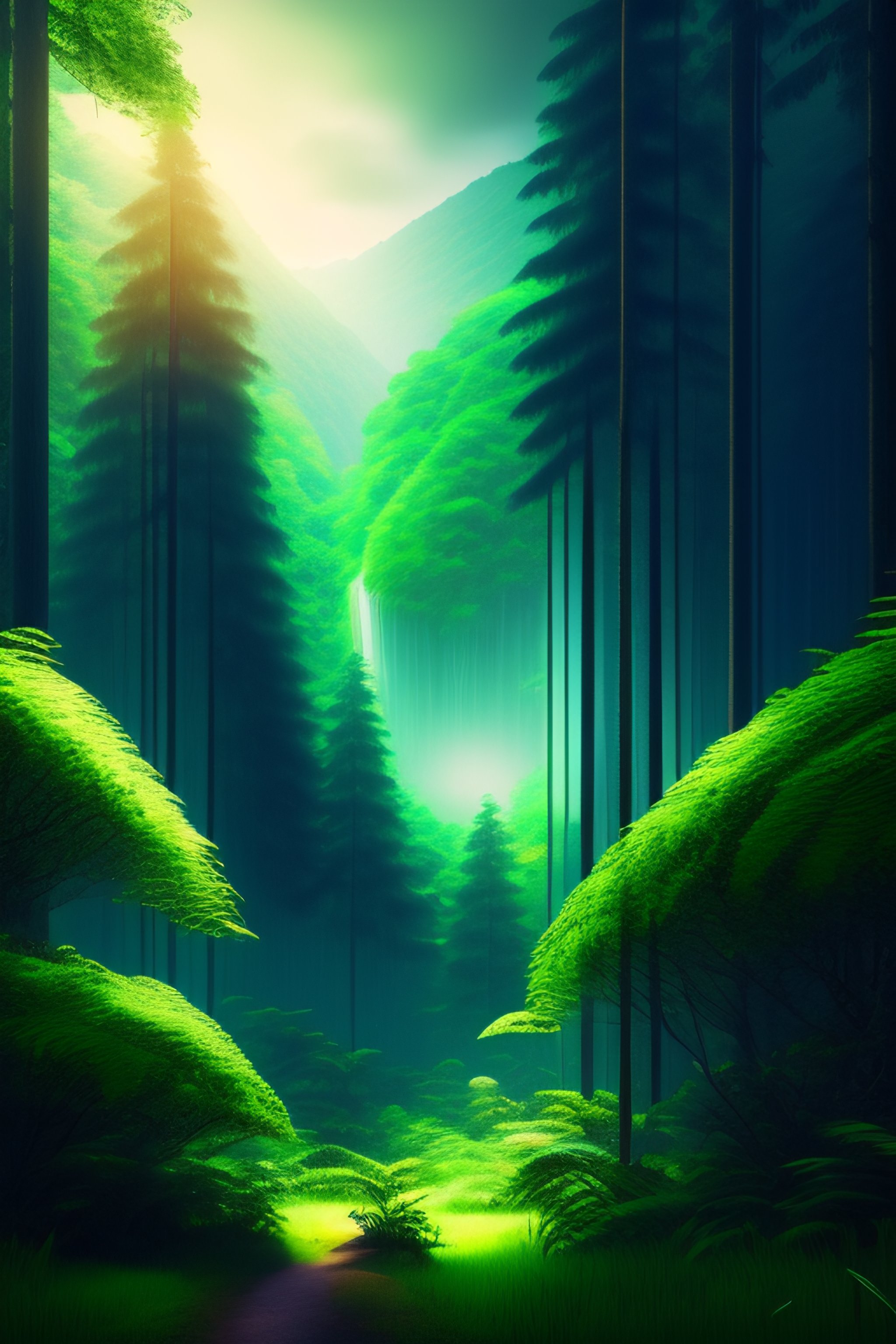 Lexica - A thick rain forest with lush tall green trees, photograph ...