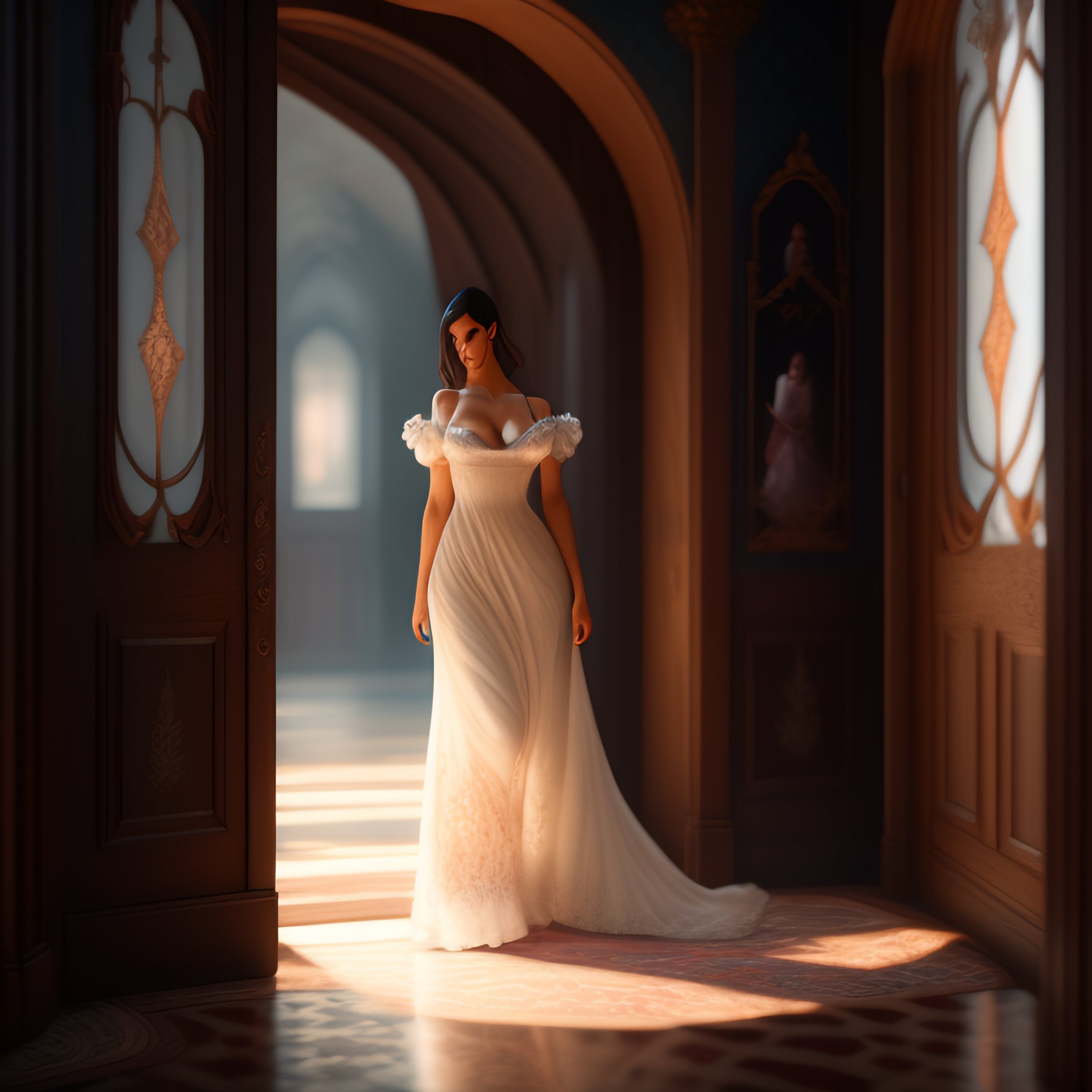 Lexica - Brunette Christina Hendricks sneaking in fantasy hallway, full ...